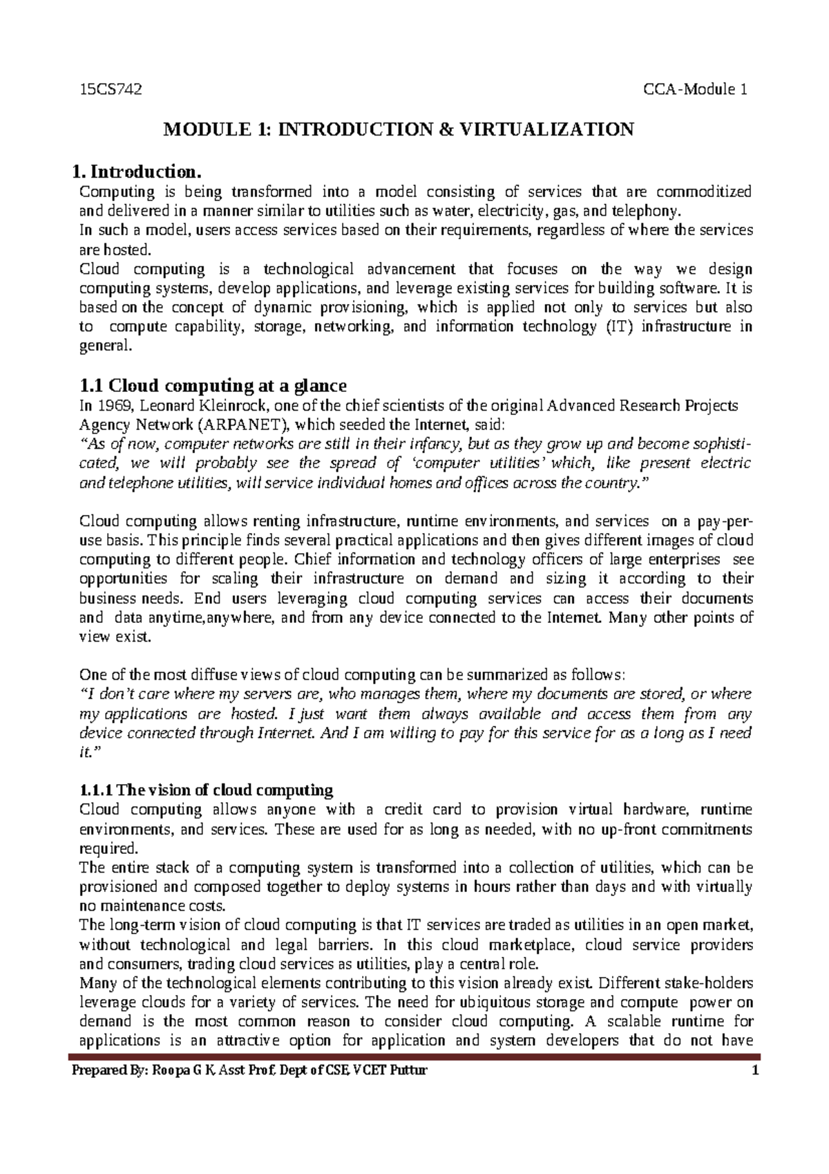 1 CCA - Na na - MODULE 1: INTRODUCTION & VIRTUALIZATION 1. Introduction. Computing is being ...