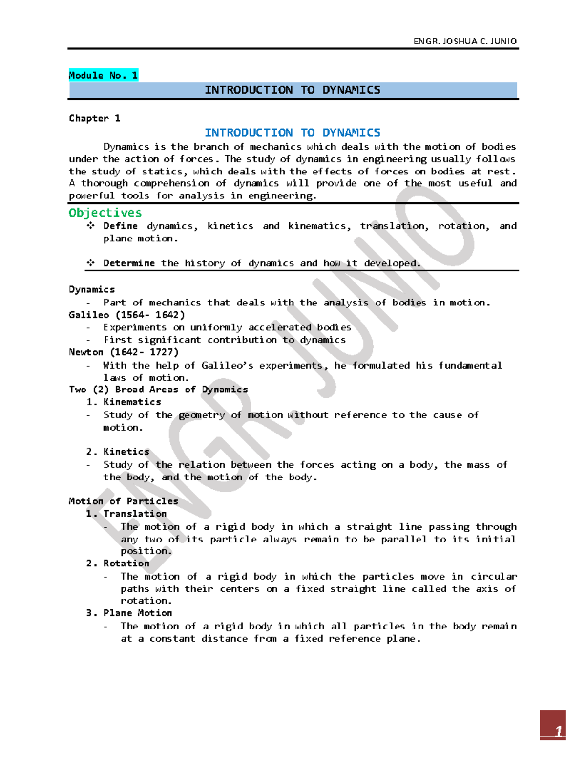 Module 1 - ENGR. JOSHUA C. JUNIO 1 Module No. 1 INTRODUCTION TO ...