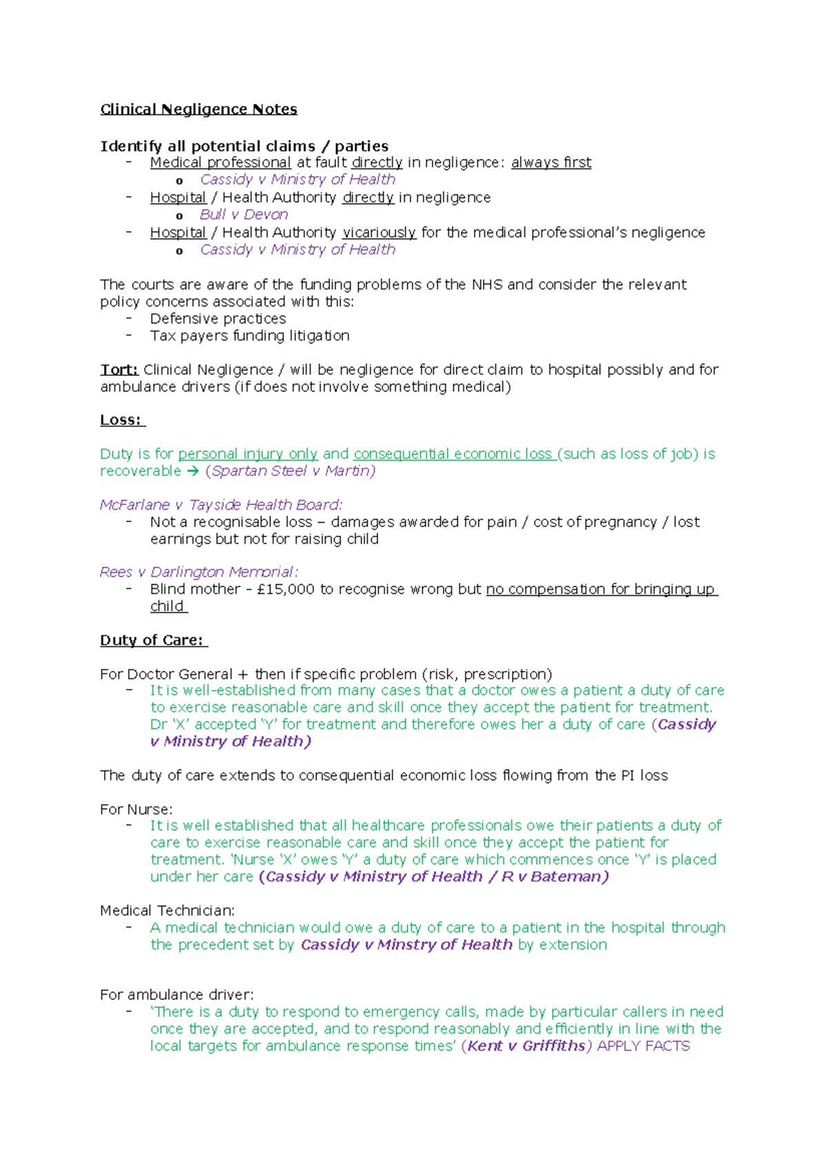 Clinical Negligence Notes - Clinical Negligence Notes Identify all ...