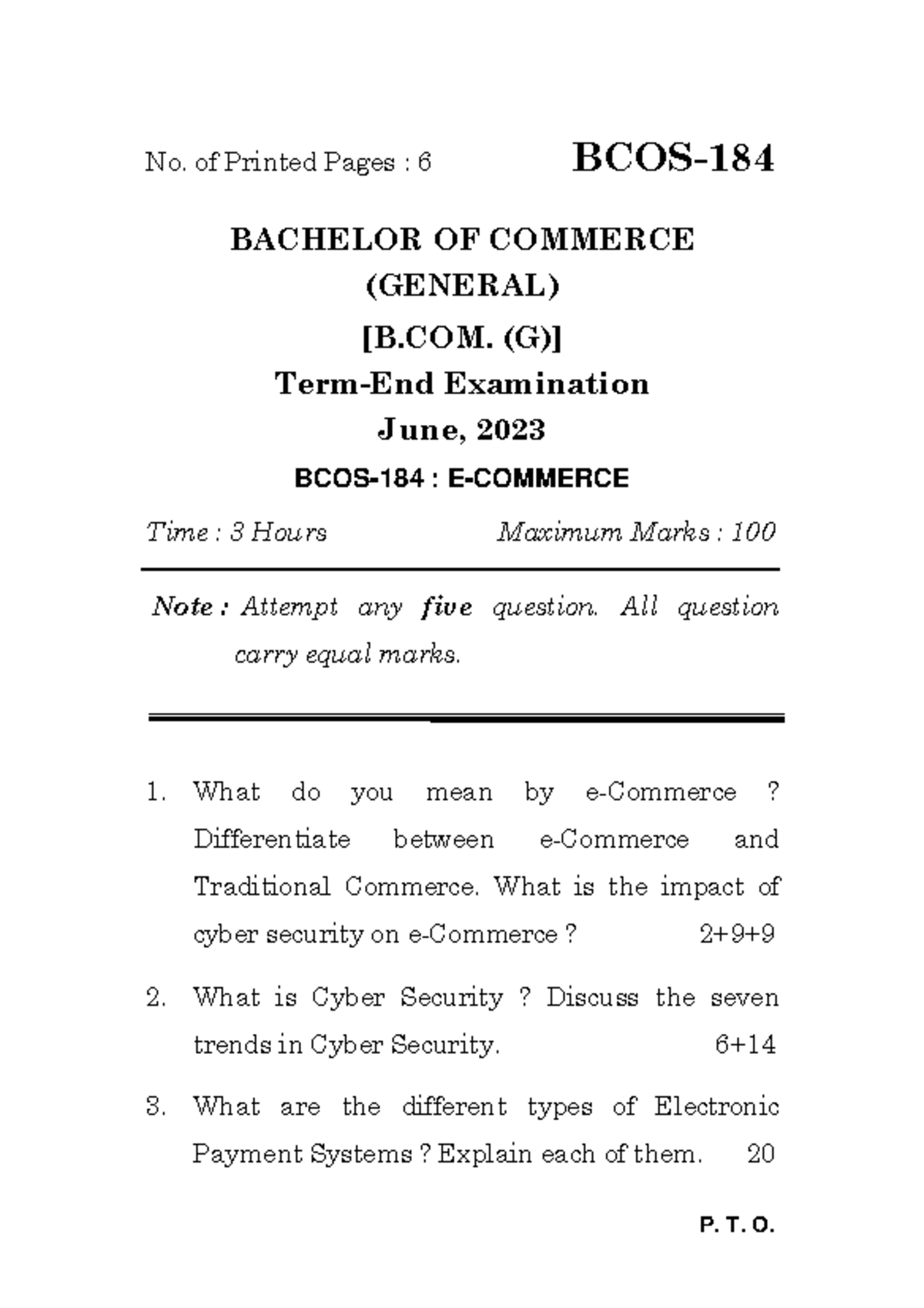BCOS-184 - Previous year question paper - P. T. O. No. of Printed Pages ...