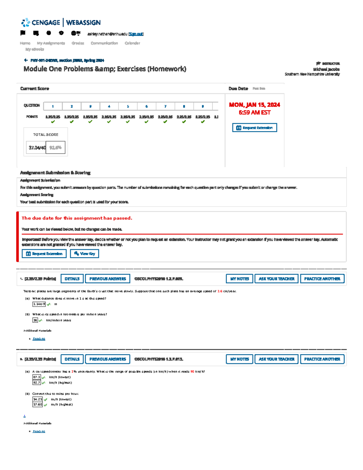 Module One Problems & Exercises - PHY-1...section J3563, Spring 2024 Web Assign - Tectonic ...
