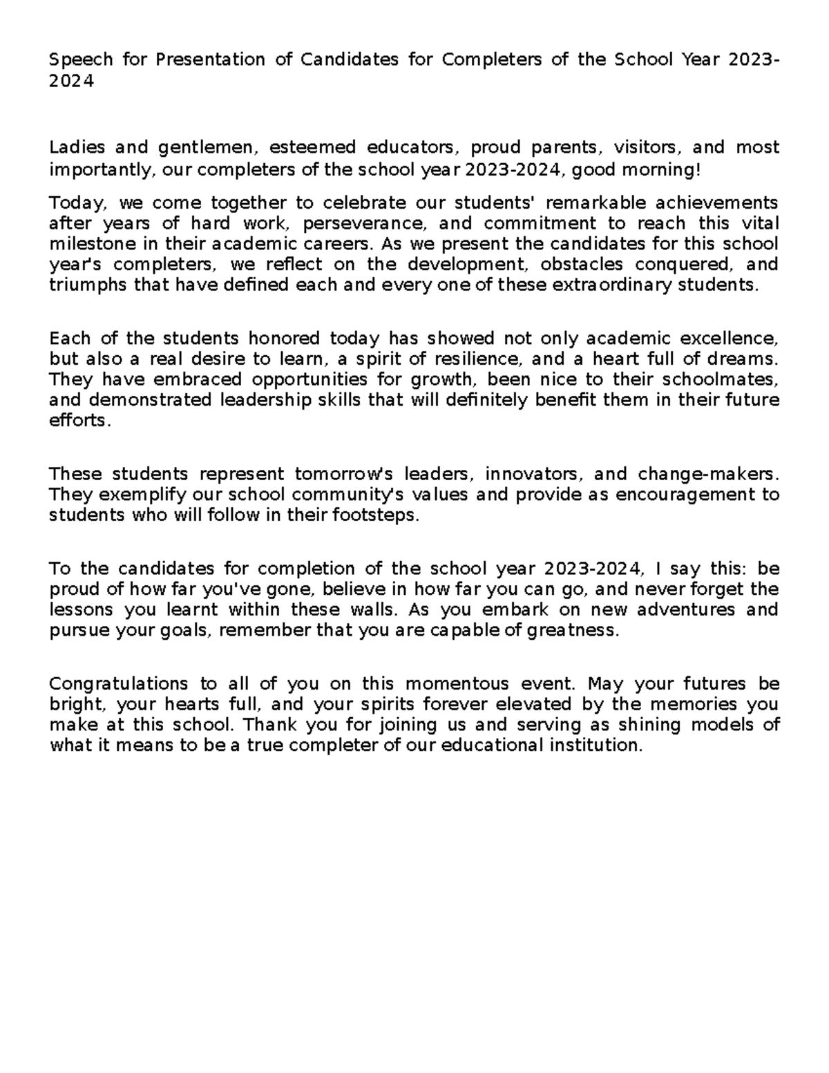 Speech for Presentation of Candidates for Completers of the School Year ...