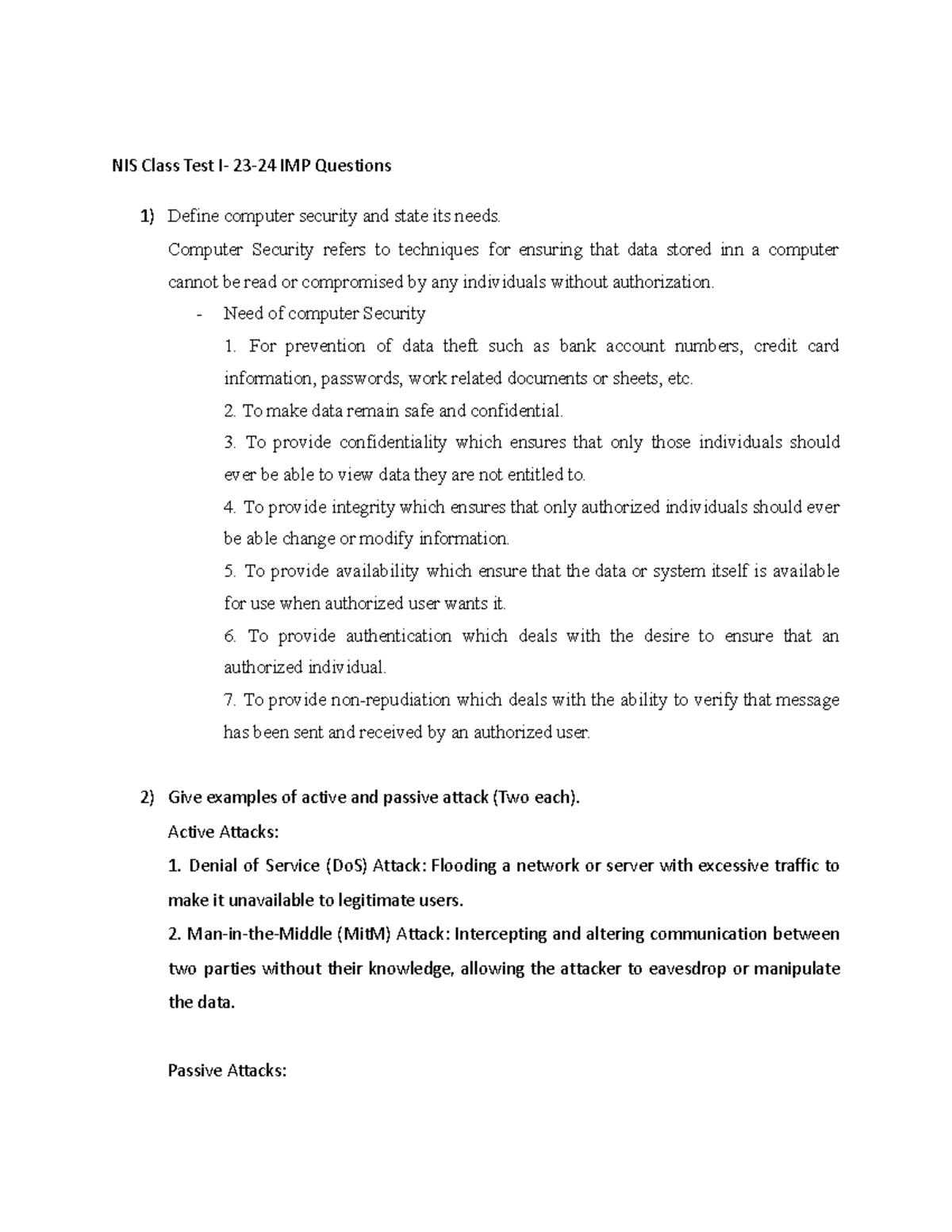 NIS Class Test I-23-24 imp - NIS Class Test I- 23-24 IMP Questions 1 ...