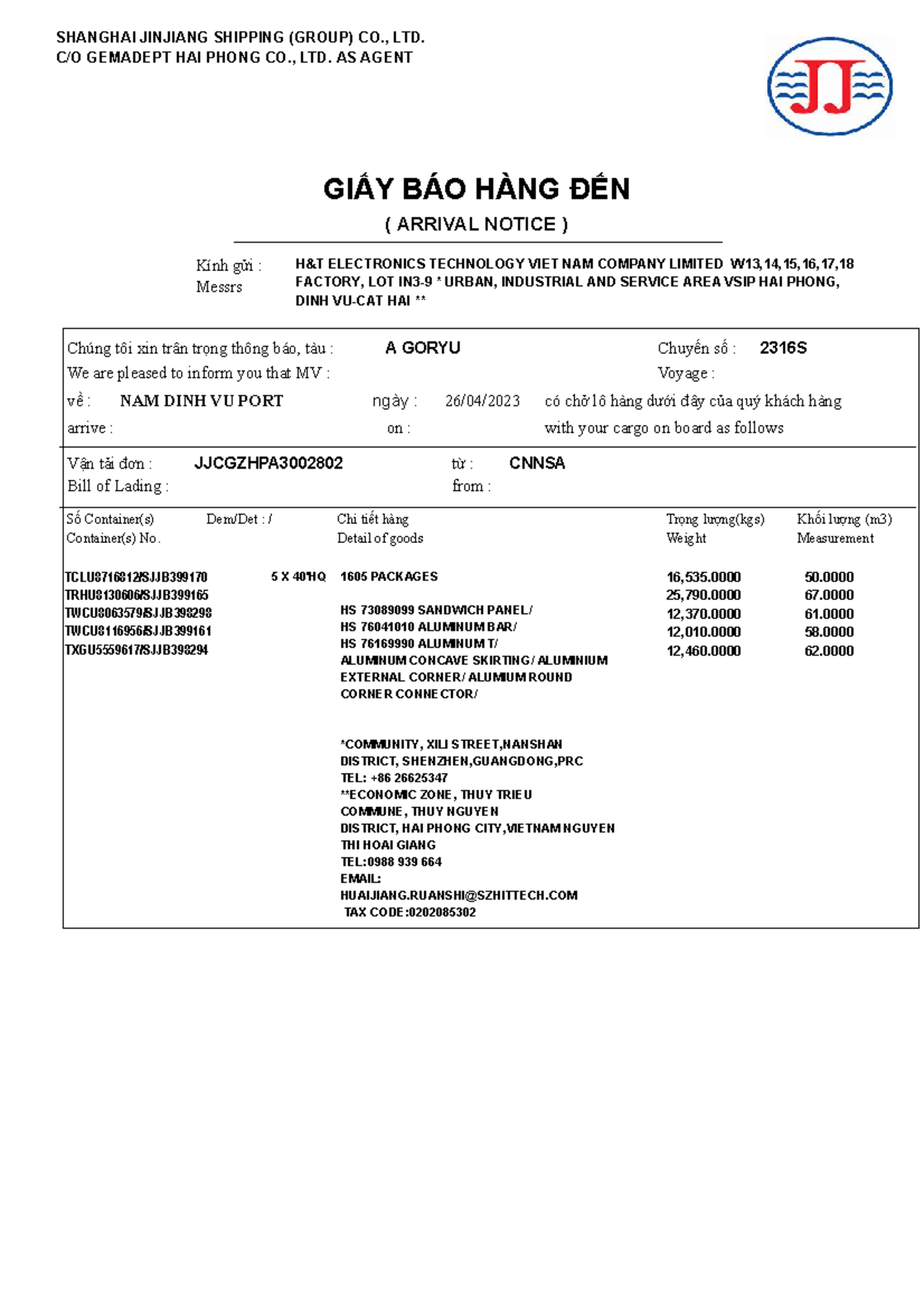 Arrival Notice JJS HPH - in case you need - SHANGHAI JINJIANG SHIPPING ...