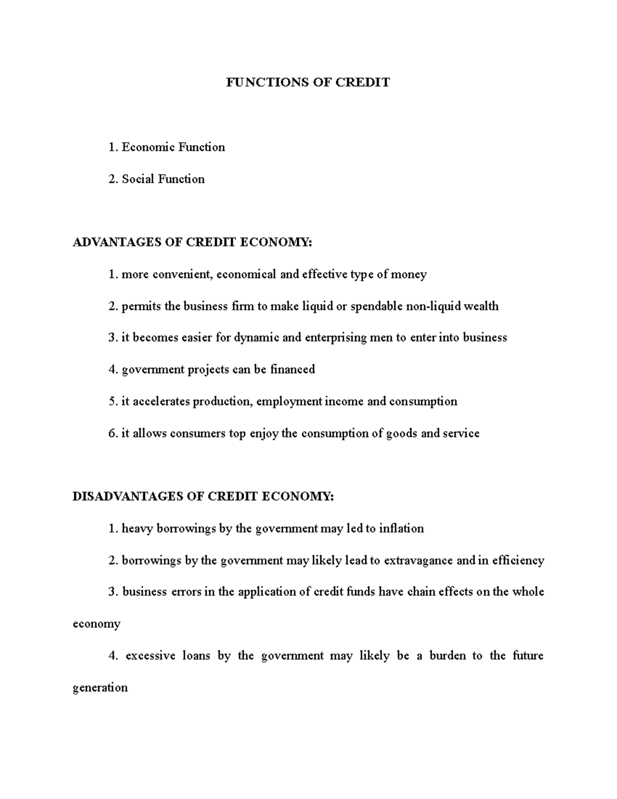 Functions OF Credit - notes - FUNCTIONS OF CREDIT Economic Function ...