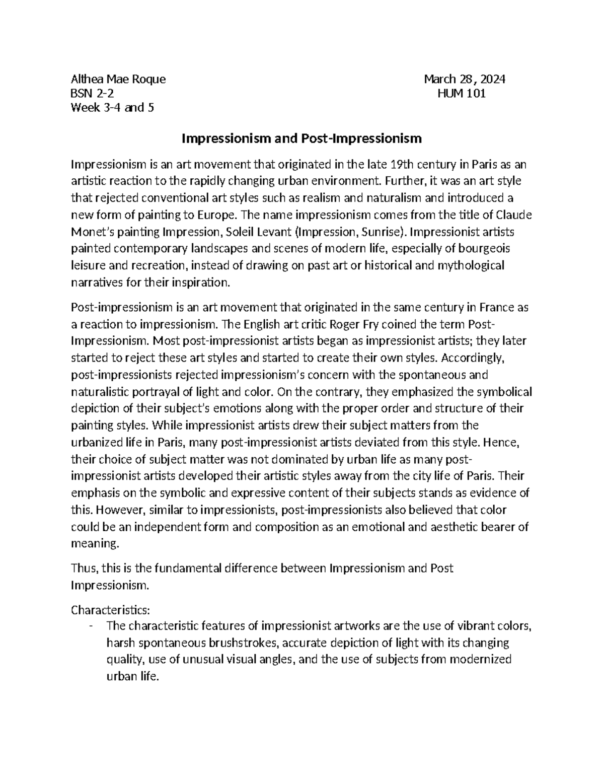 ( Impressionism-POST- Impressionism) - Althea Mae Roque March 28, 2024 ...