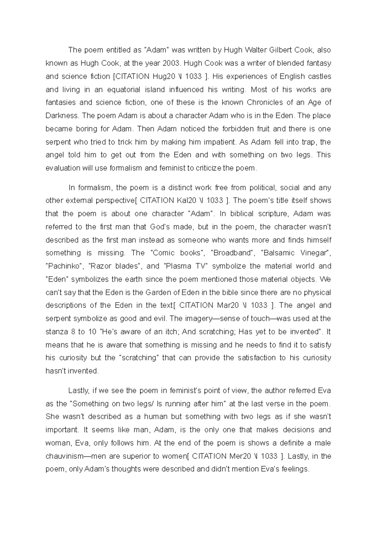 Critique Analysis Paper of Adam by Huge Cook - Education - Studocu