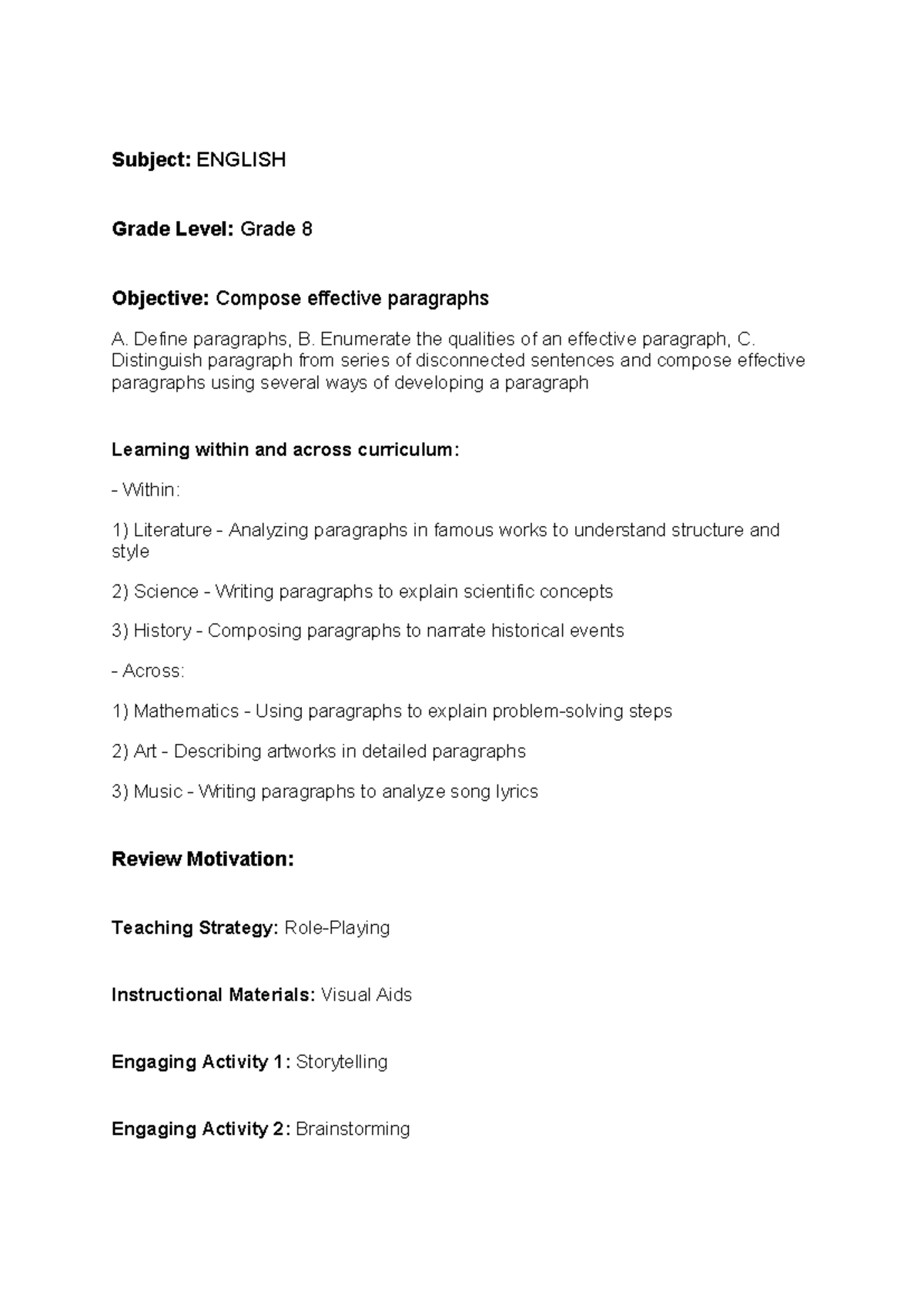 Lesson plan - .... - Subject: ENGLISH Grade Level: Grade 8 Objective ...