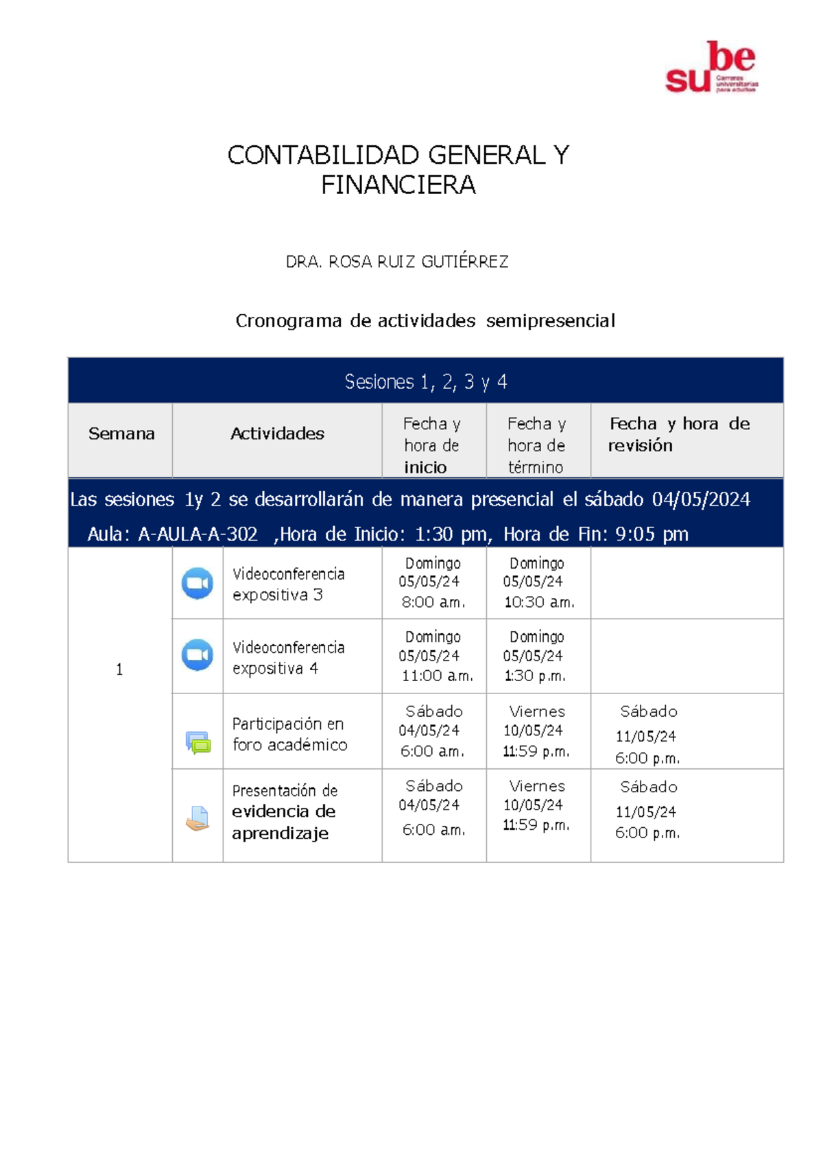 Cronograma semana 2024-1 - CONTABILIDAD GENERAL Y FINANCIERA DRA. ROSA ...