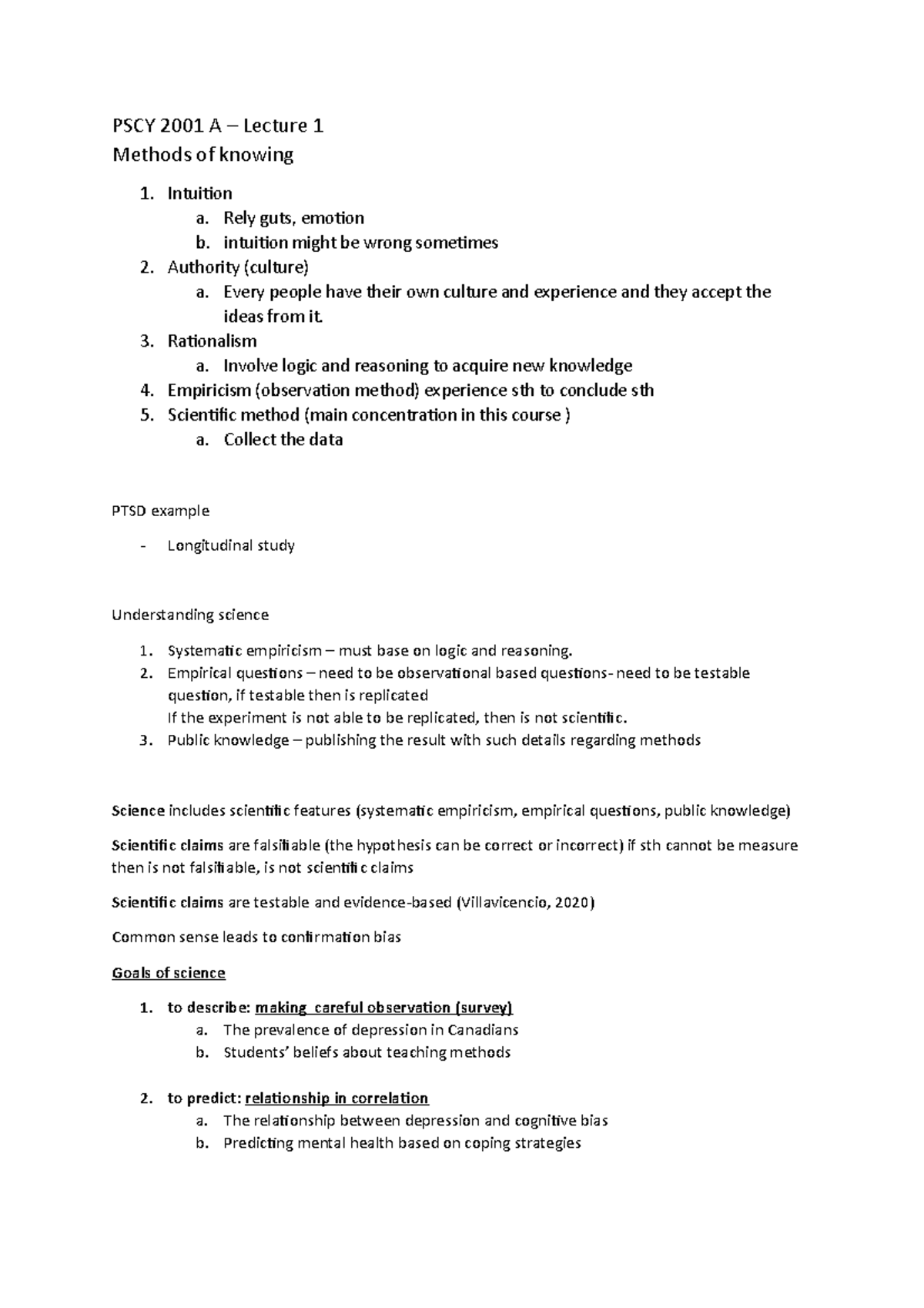 PSCY 2001 - Lecture 1 - PSCY 2001 A – Lecture 1 Methods of knowing 1 ...