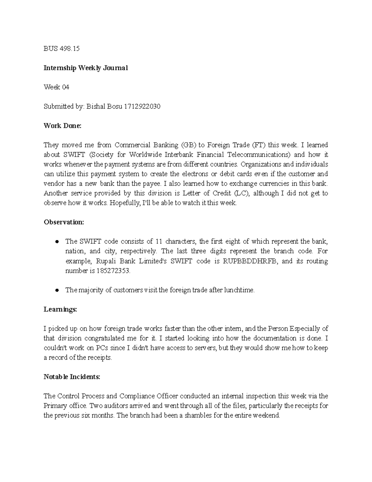 BUS 498 Weekly journal 4 - BUS 498. Internship Weekly Journal Week 04 ...