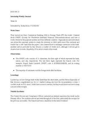 BUS 498 week 1 journal - for internship - BUS 498. Internship Weekly ...