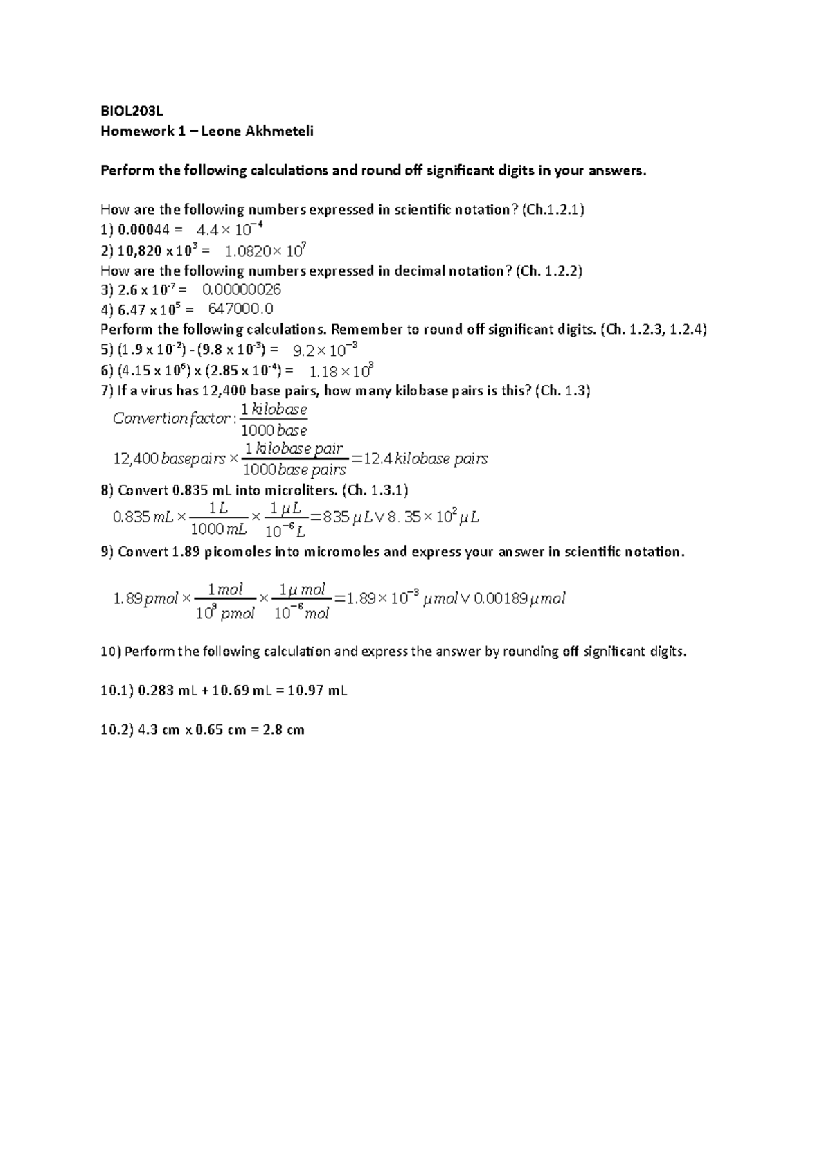 HW1 bio lab - Biology Lab Math homework. - BIOL203L Homework 1 – Leone ...