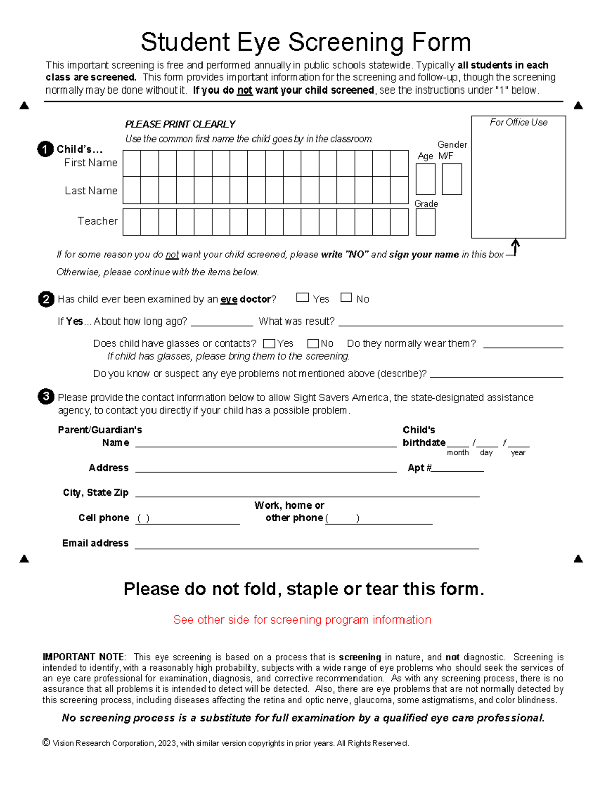 Student Eye Screening Form-english - month day year Student Eye ...