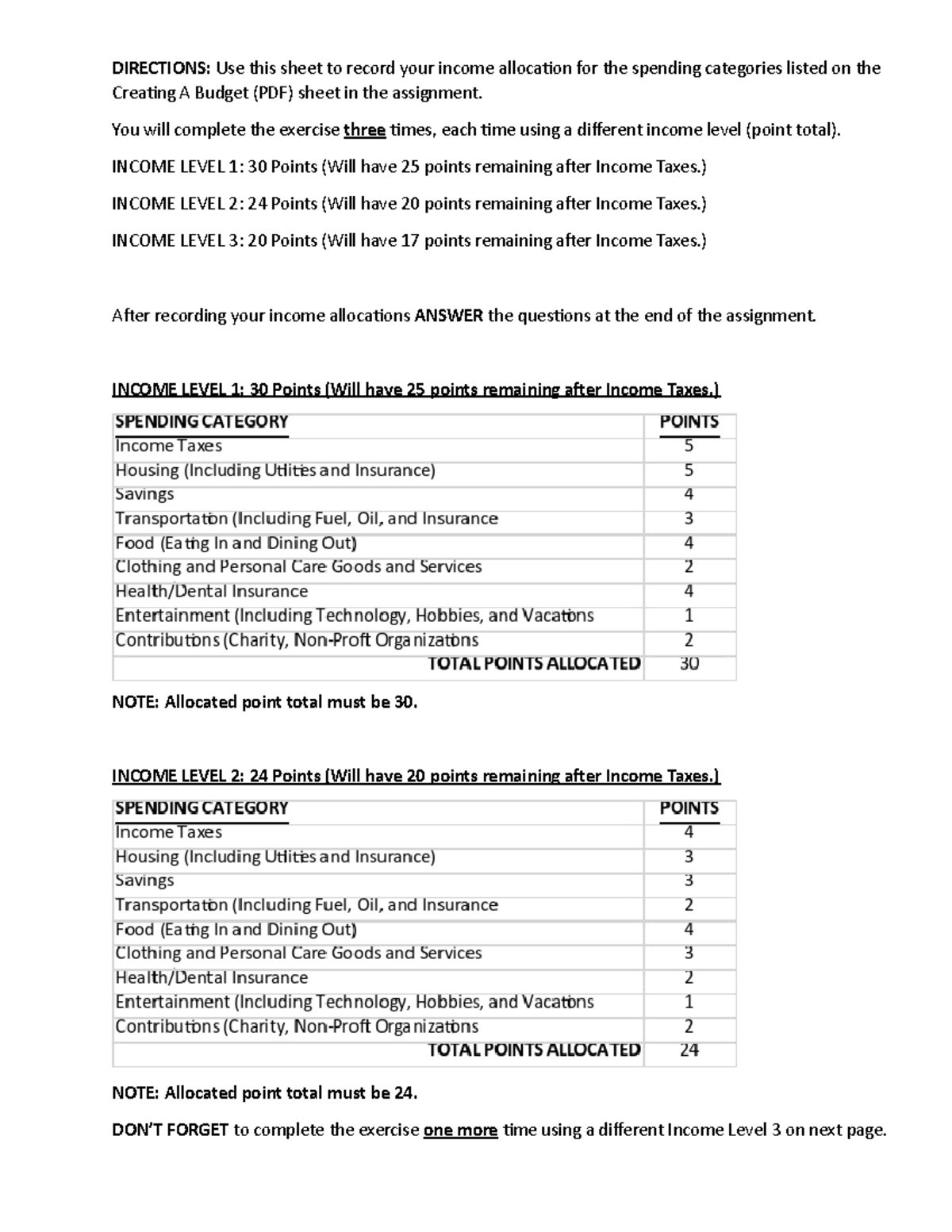 Creating A Budget - Answer Sheet - DIRECTIONS: Use this sheet to record ...