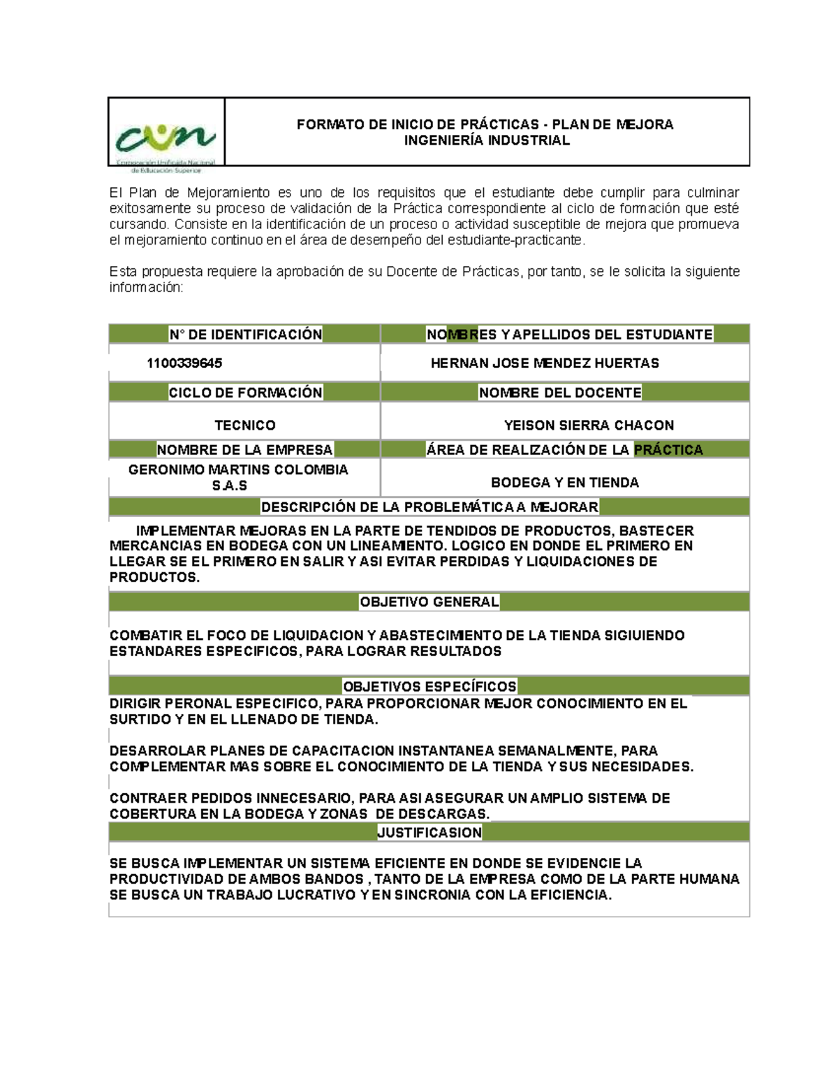 0. Formato de Inicio de Prácticas - Propuesta Plan de Mejora - FORMATO ...