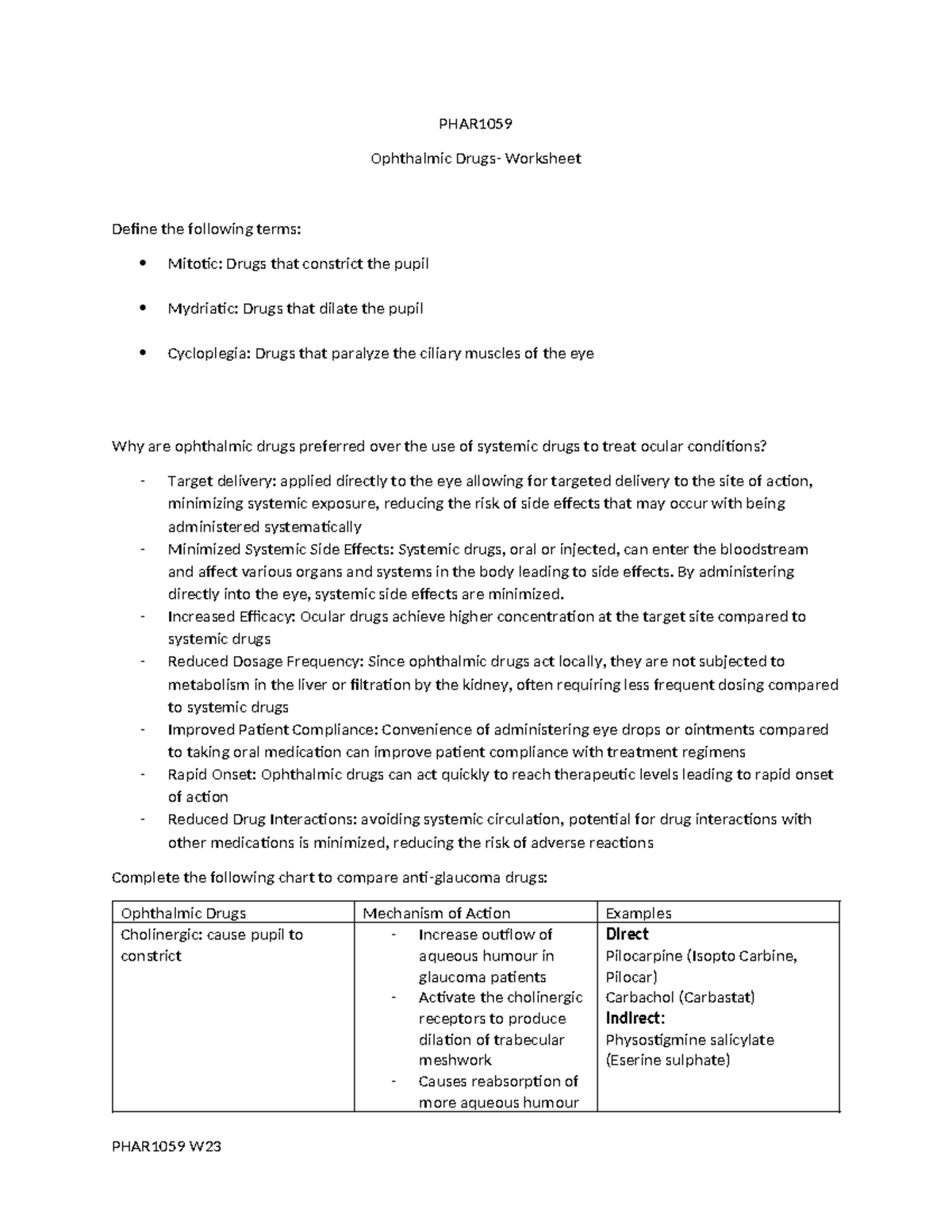 Ophthalmic Drugs Worksheet - PHAR Ophthalmic Drugs- Worksheet Define ...