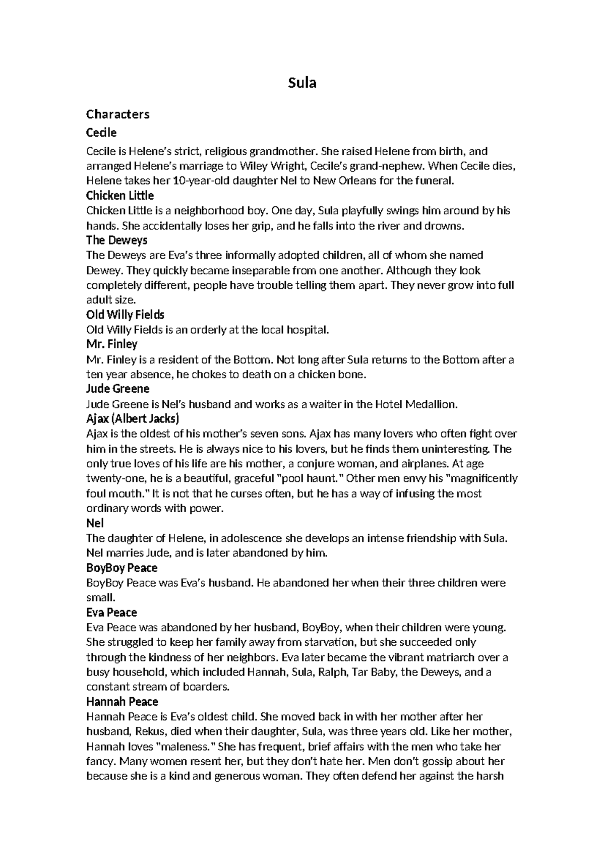 Sula. Summary and characters - Sula Characters Cecile Cecile is Helene ...