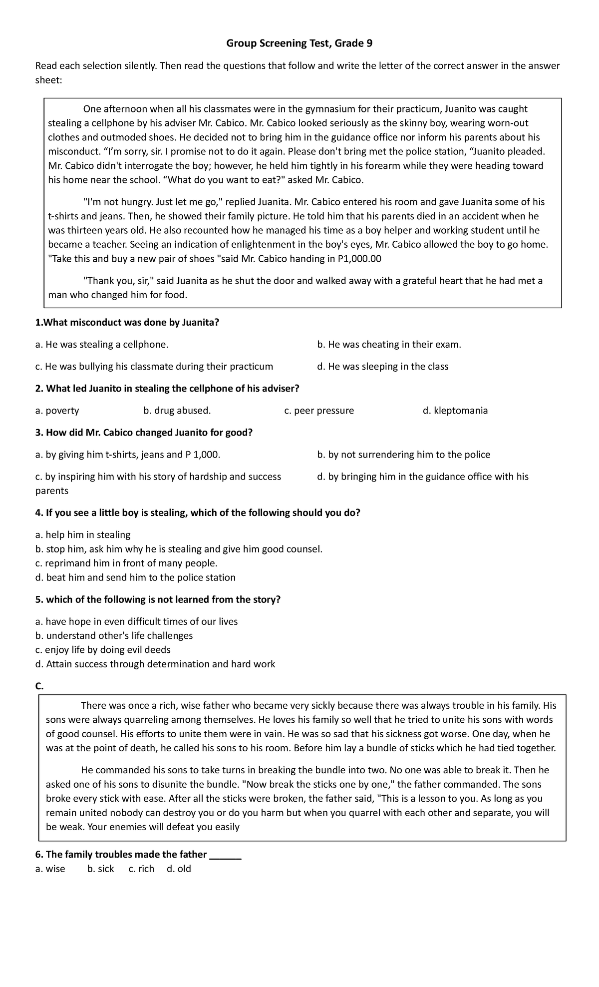 Grade 9 Group Screening Test - Group Screening Test, Grade 9 Read each ...