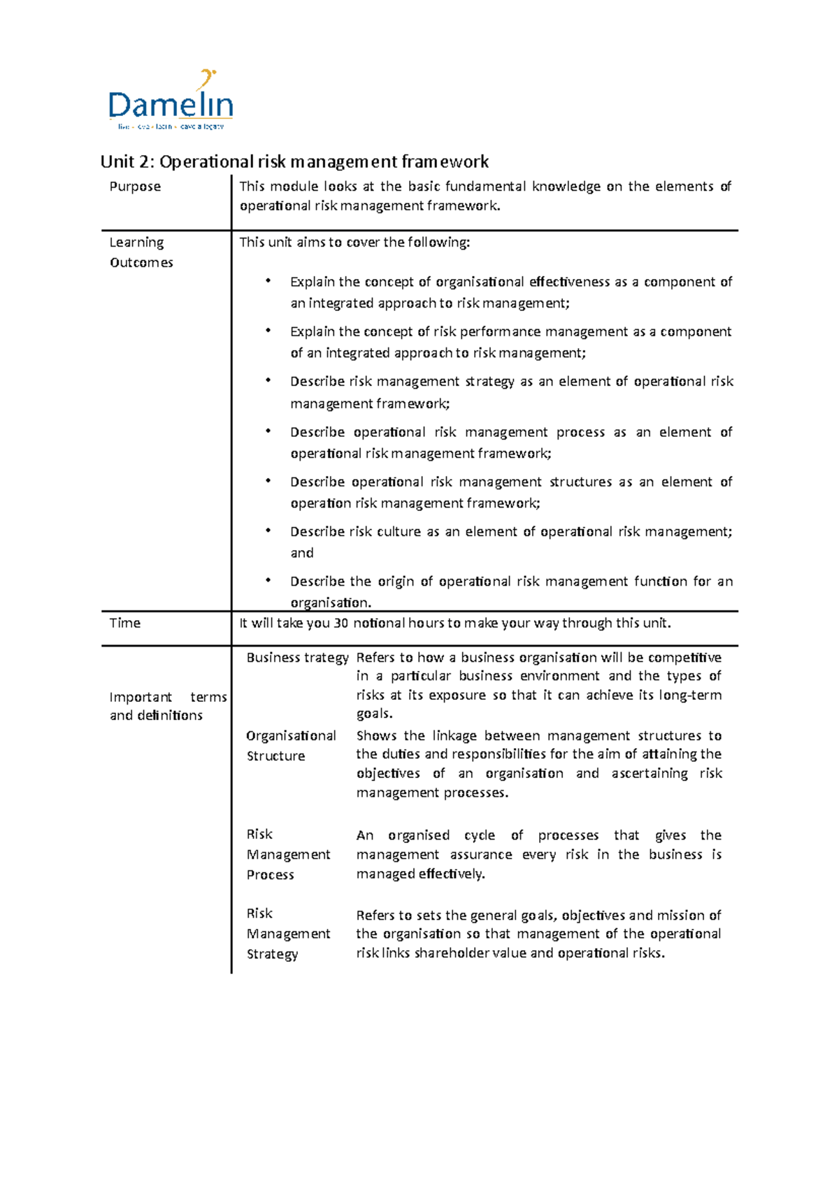 Operational risk management framework - Learning Outcomes This unit ...