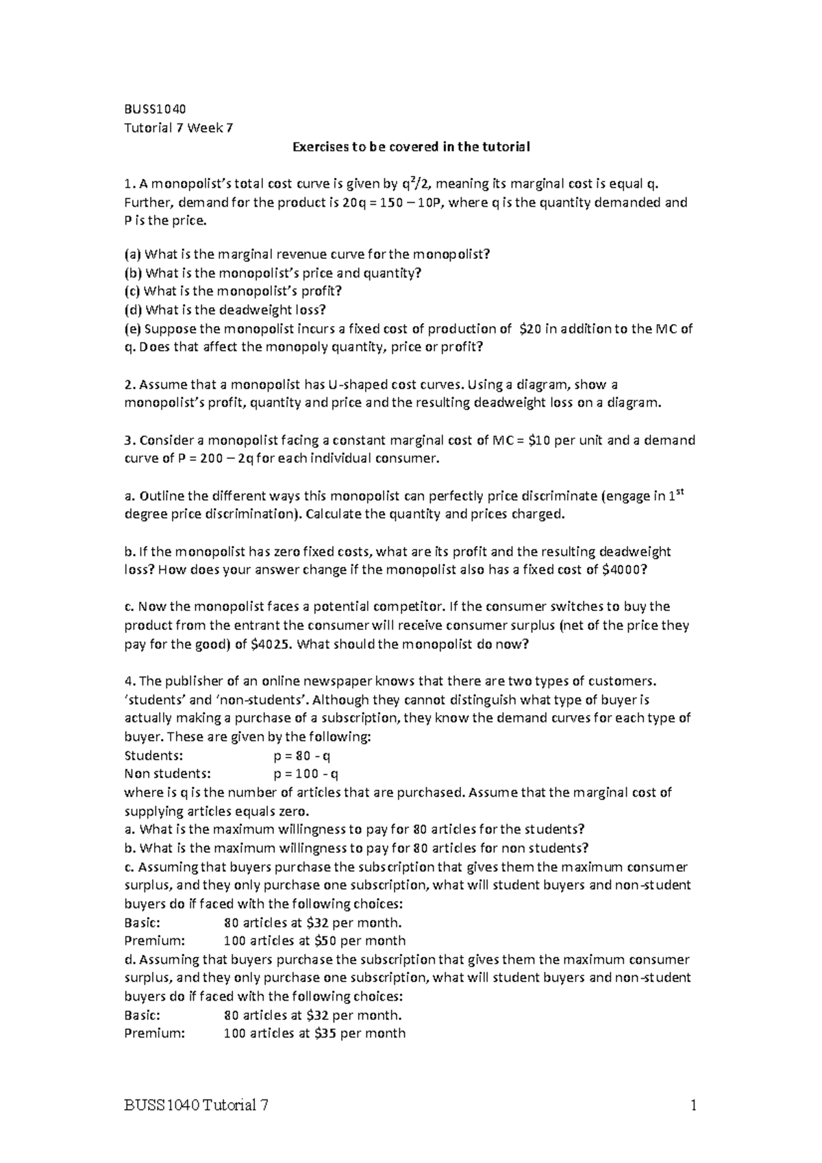 Tutorial 7 Without Answers Buss1040 Tutorial 7 1 Buss Tutorial 7 Week 7 Exercises To Be