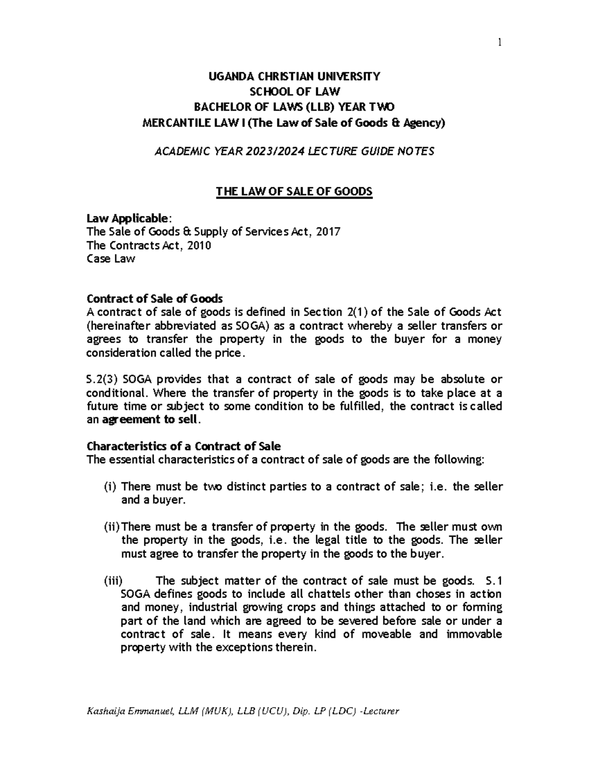 Lecture guide notes - UGANDA CHRISTIAN UNIVERSITY SCHOOL OF LAW ...