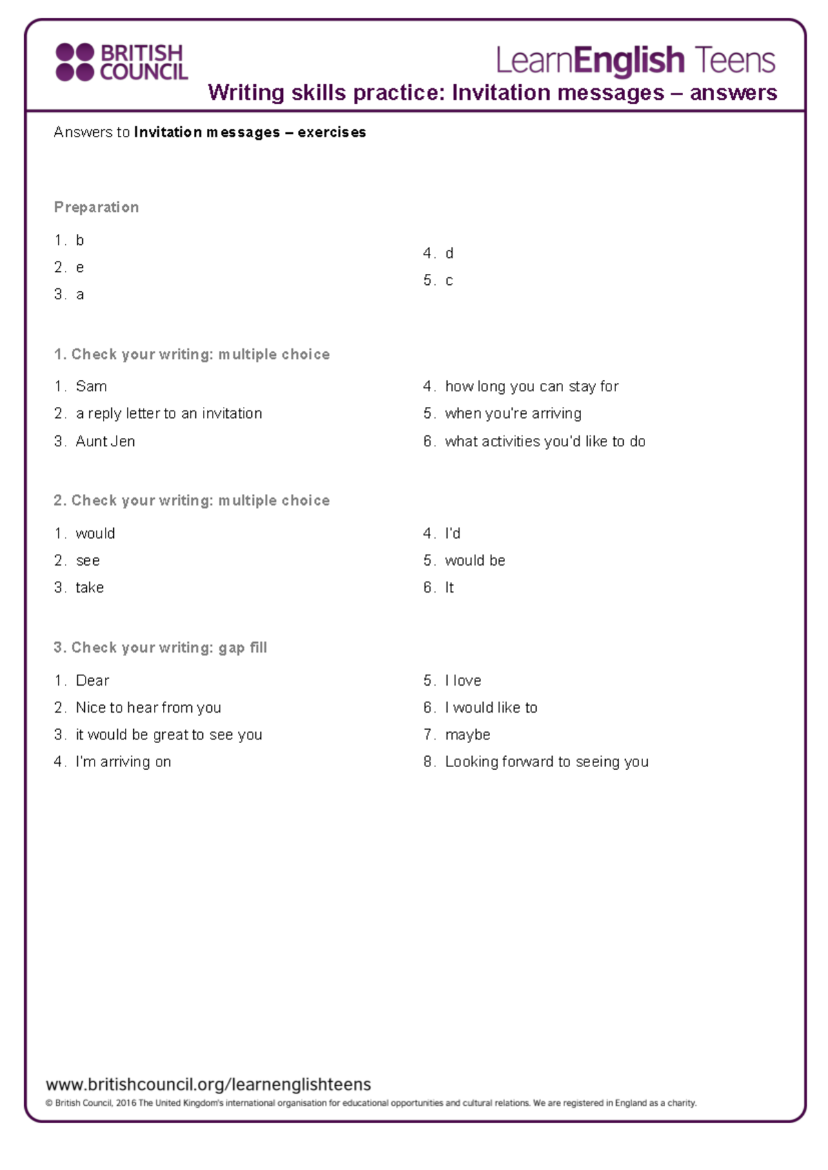 Invitation messages - answers- would - Writing skills practice ...