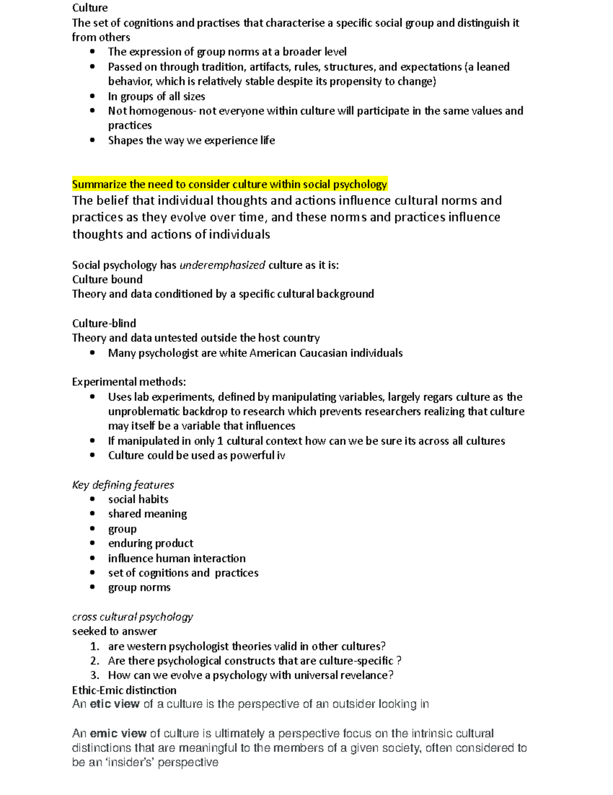 Culture week 3 - Lecture notes 3-7 - Culture The set of cognitions and ...