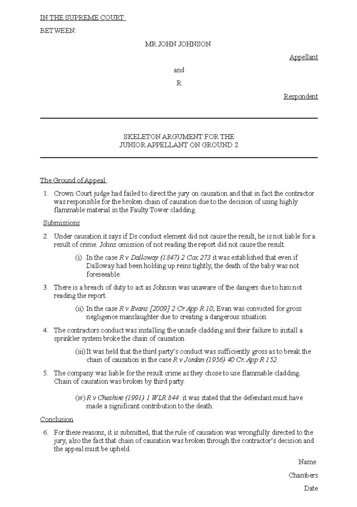Skeleton Argument CRIMINAL LAW IN THE SUPREME COURT BETWEEN MR