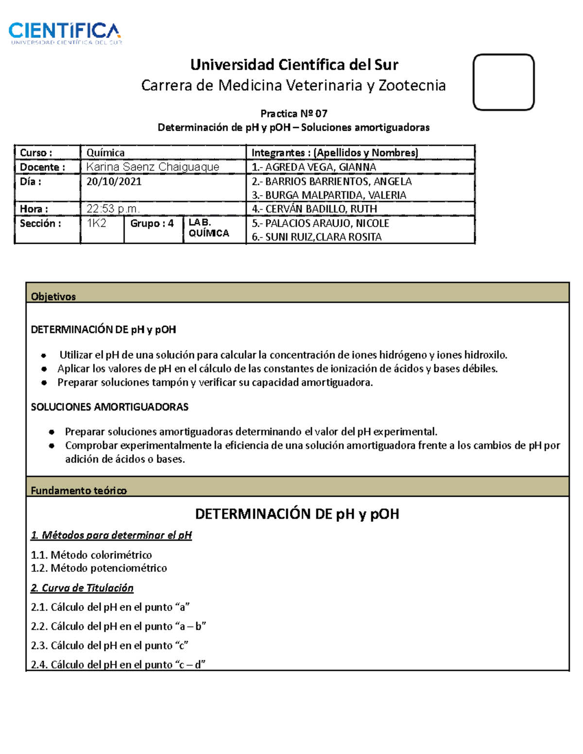 Informe QU MICA N 7 p H p OH Soluciones amortiguadoras 1K2 - Universidad Científica del Sur ...