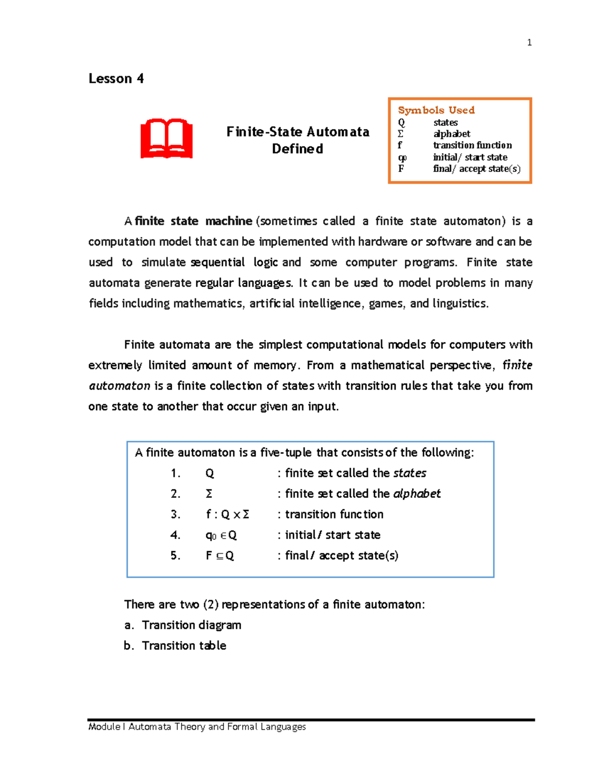 Finite-State Automata Defined - Lesson 4 A finite state machine ...