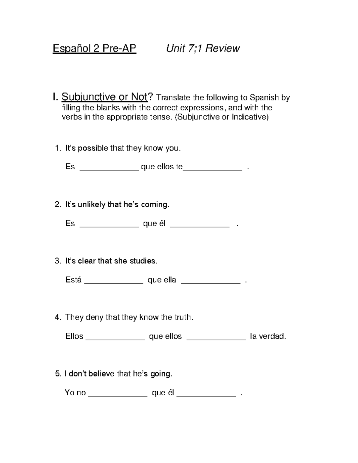 Unit 7-1Pre-AP Test Review - Español 2 Pre-AP Unit 7;1 Review I ...