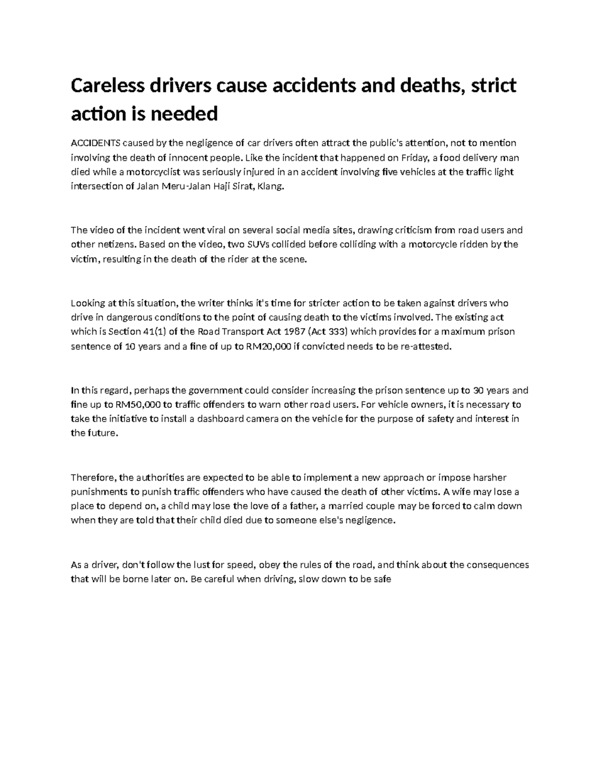 Main Ideas of Articles - Careless drivers cause accidents and deaths ...