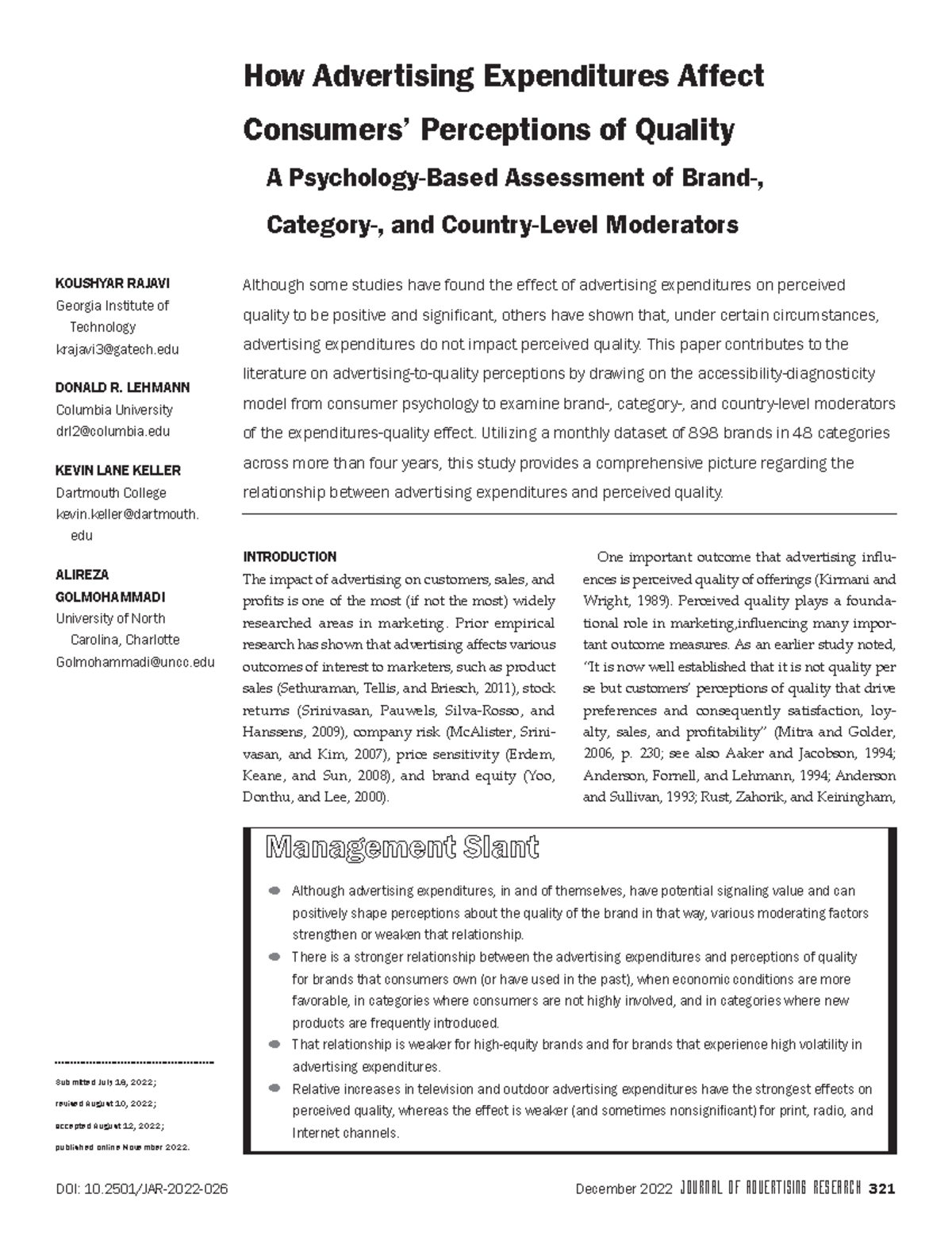 Consumer behaviour article - DOI: 10/JAR-2022-026 December 2022 JOURNAL ...