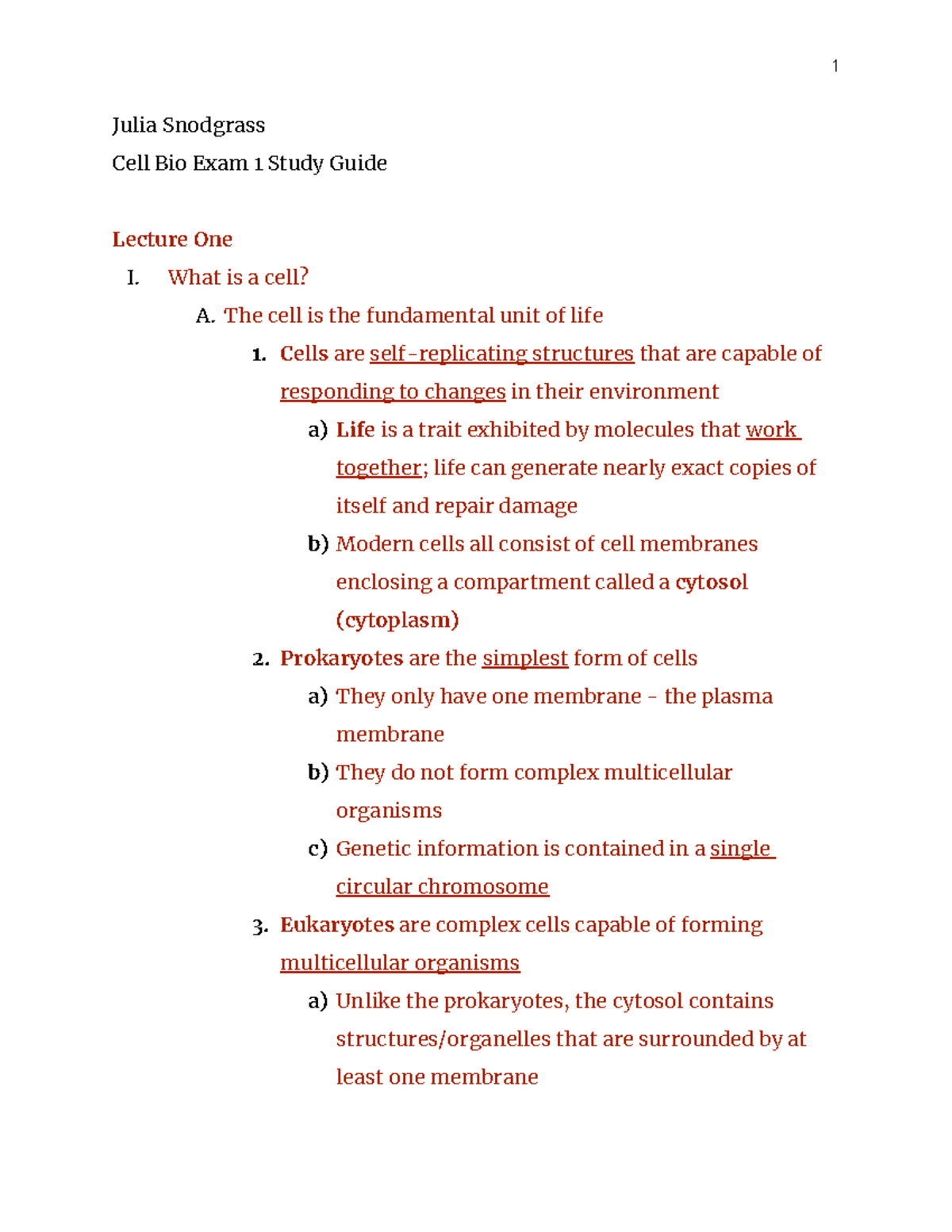 Cell Bio Exam 1 Study Guide - 1 Julia Snodgrass Cell Bio Exam 1 Study ...