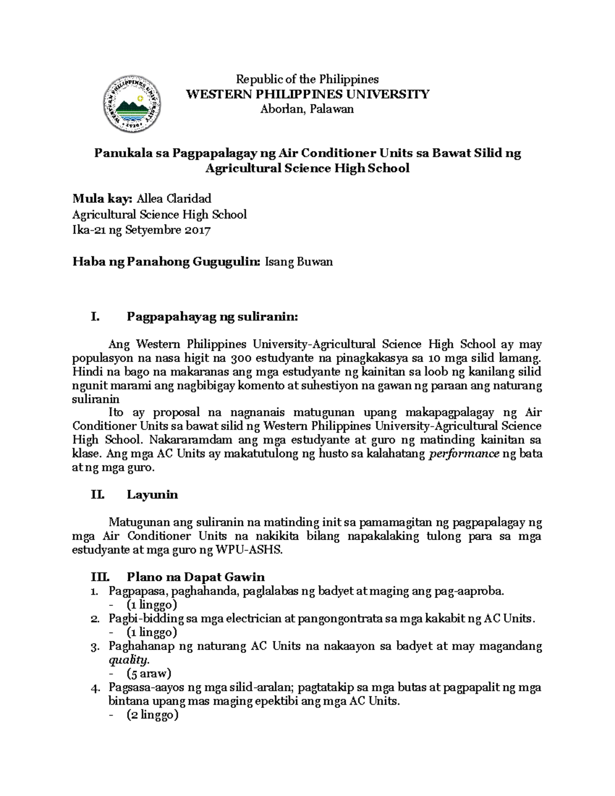 Panukalang Proyekto - project proposal - Republic of the Philippines ...