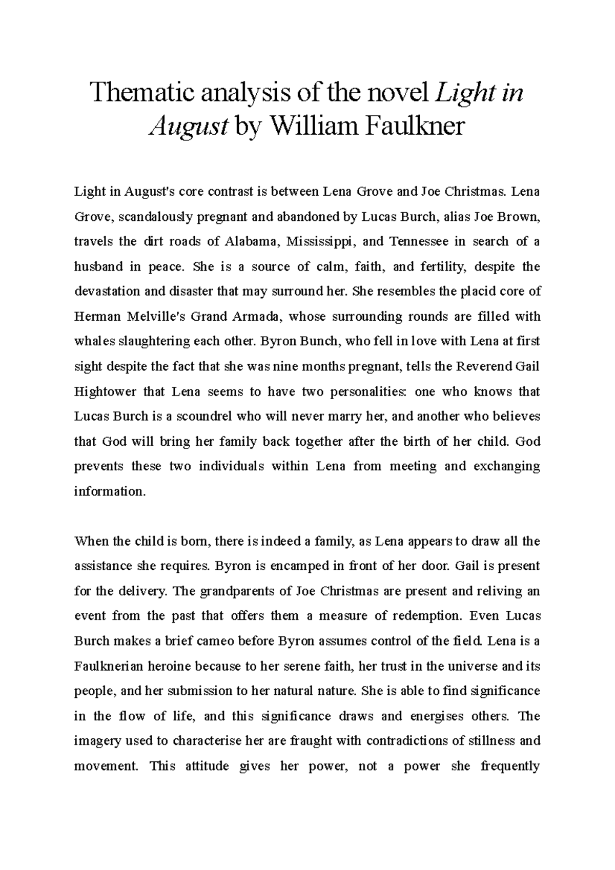Thematic analysis of the novel Light in August by William Faulkner ...