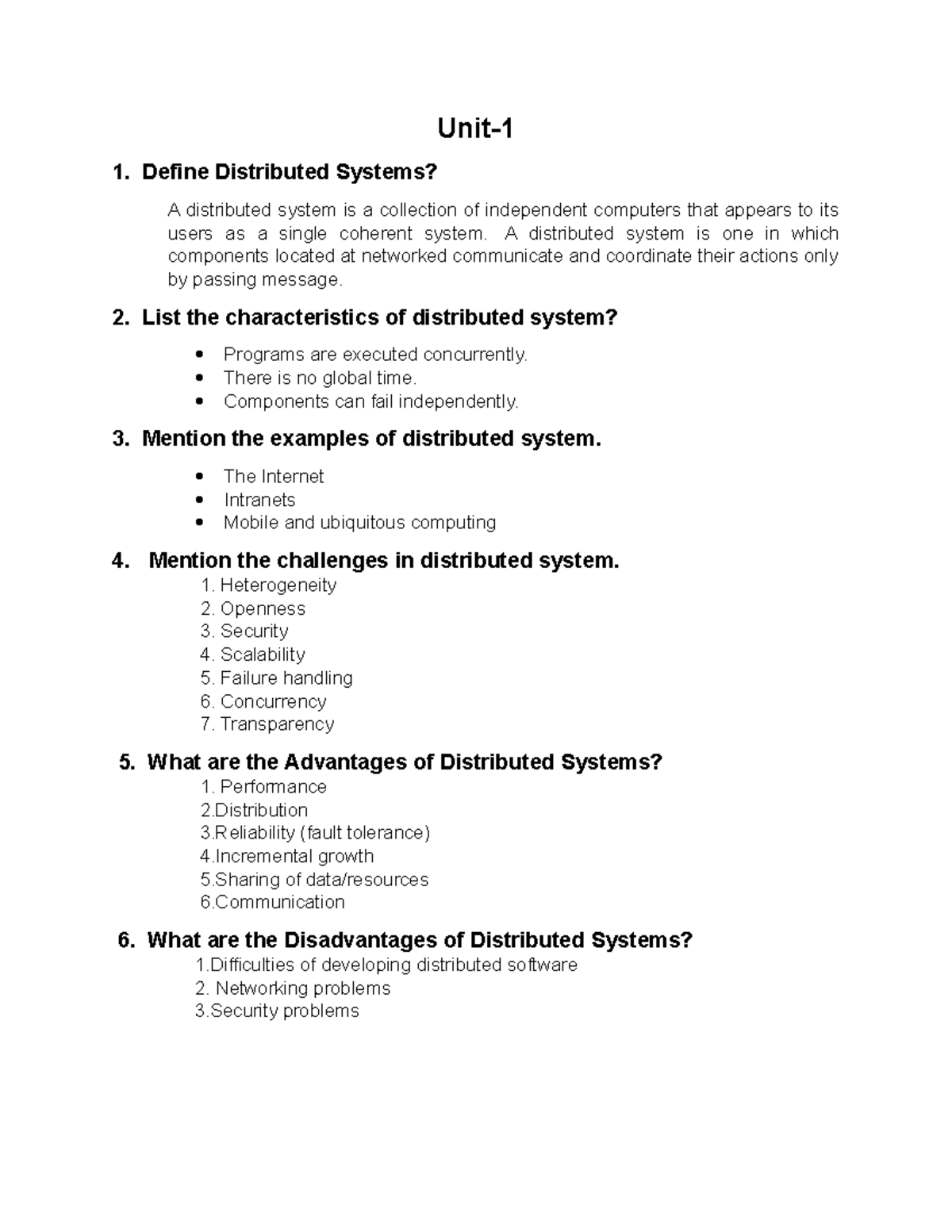 DC- 2 marks - uui - Unit- 1. Define Distributed Systems? A distributed system is a collection of ...