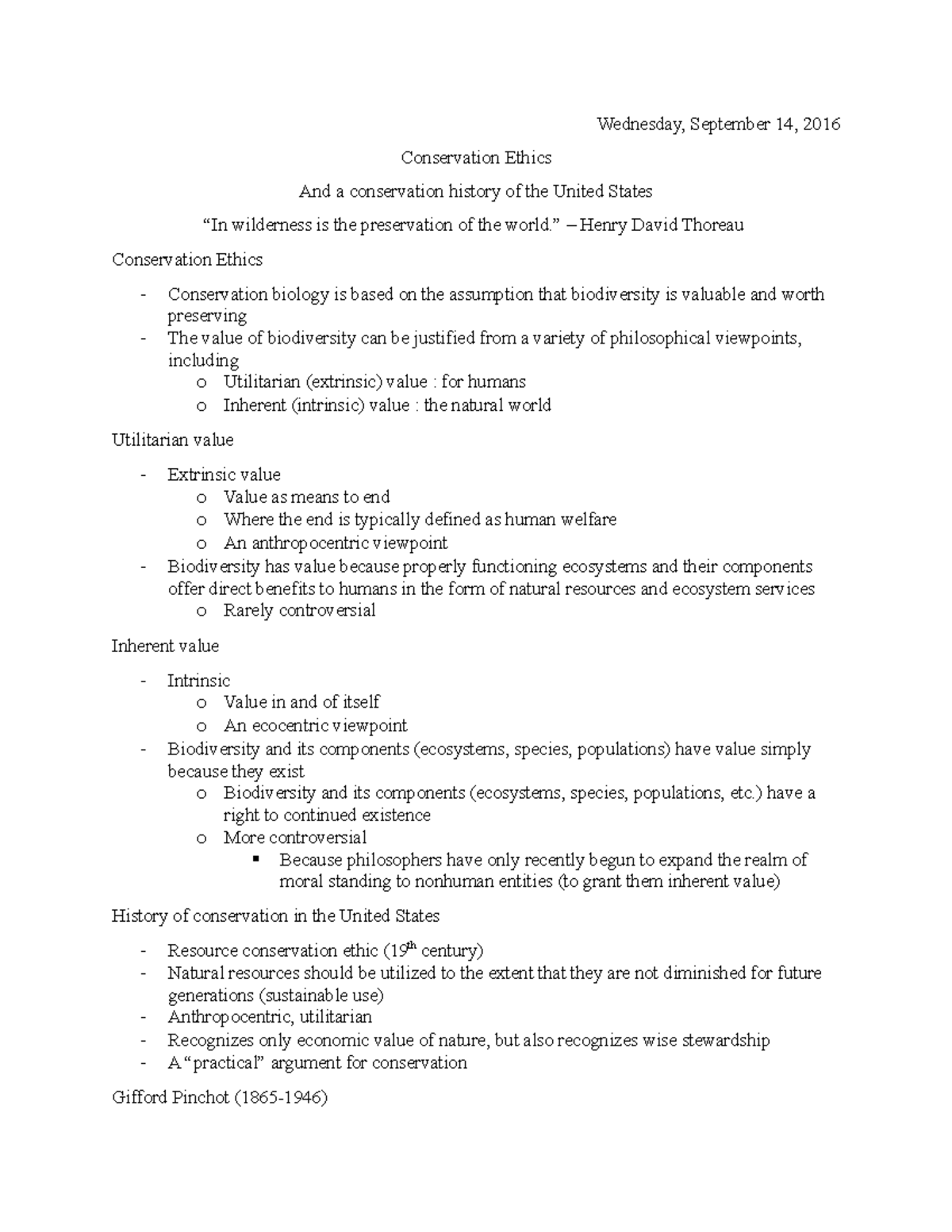 Exam 2 Notes - Wednesday, September 14, 2016 Conservation Ethics And a ...