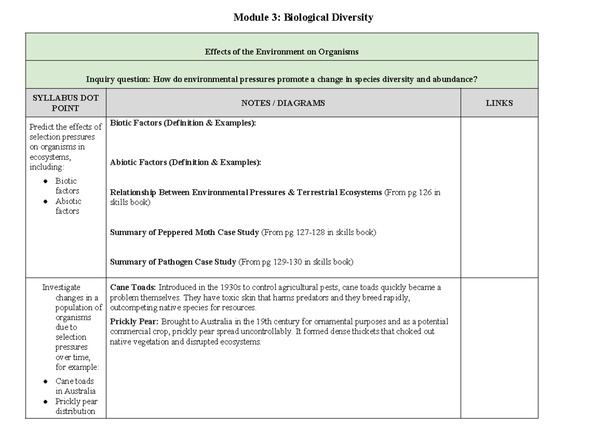 2024 Module 3 Study Guide - Module 3: Biological Diversity Effects of ...