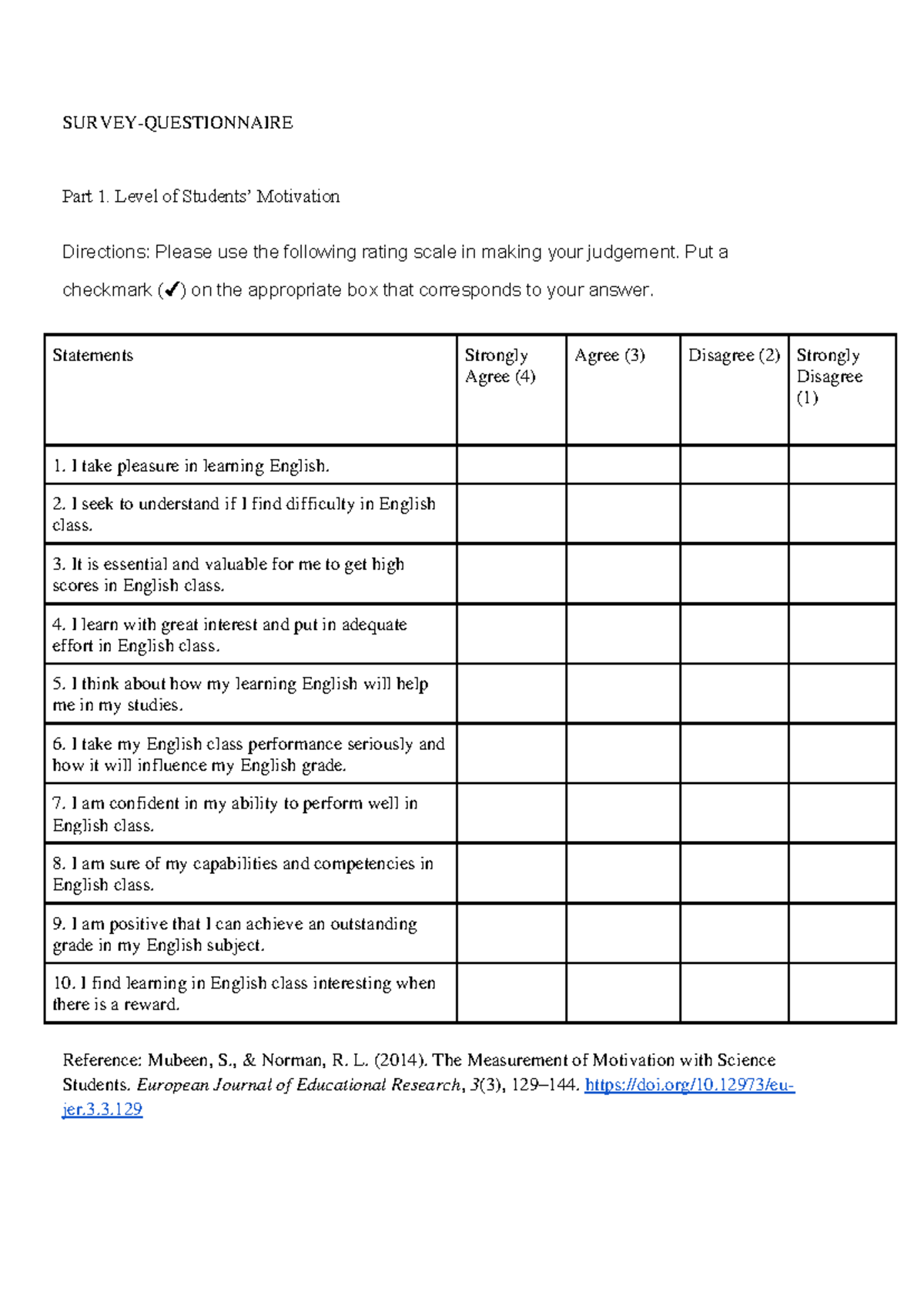 Q-2 - SURVEY-QUESTIONNAIRE Part 1. Level of Students’ Motivation ...