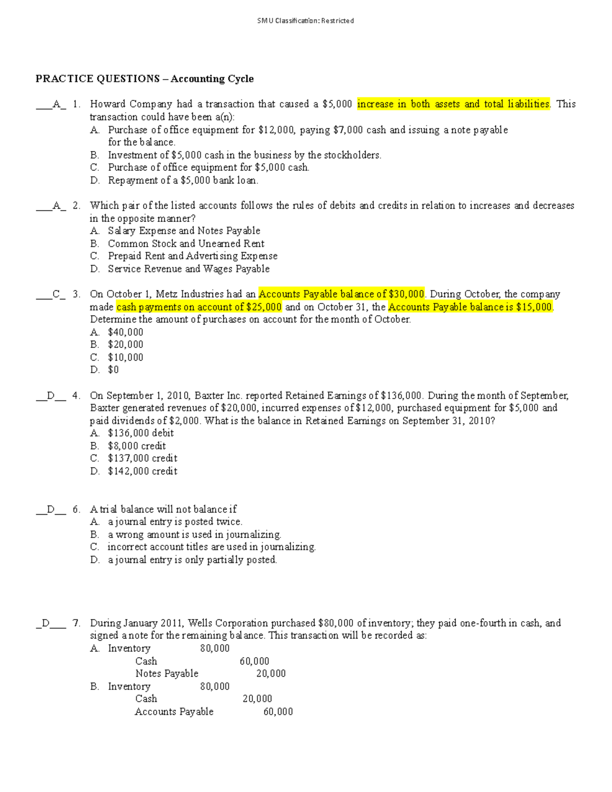 MCQ - Accounting Cycle - MCQ - PRACTICE QUESTIONS – Accounting Cycle ...