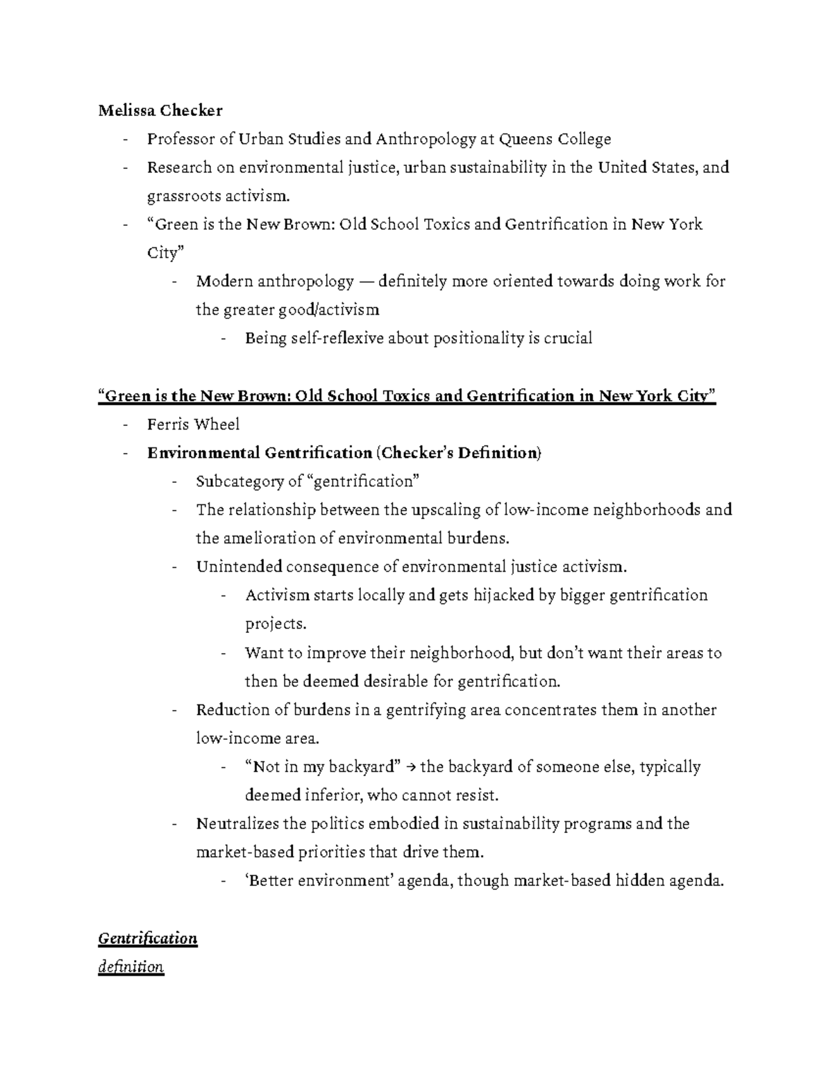 Class Notes (2/20/2020) - Melissa Checker - Professor of Urban Studies ...