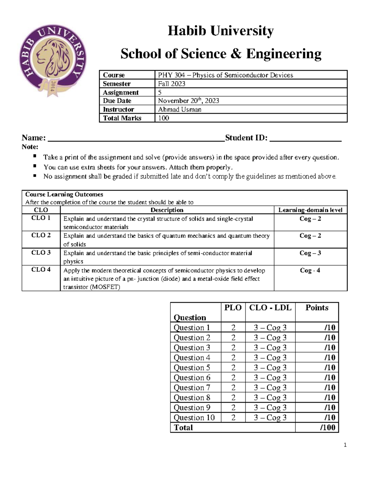 Assignment 5 phy - Habib University School of Science & Engineering Name: - Studocu