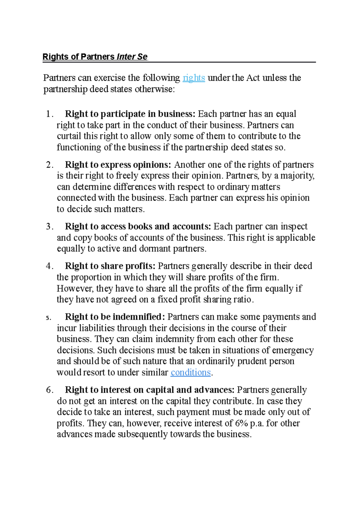 rights of partners - Rights of Partners Inter Se Partners can exercise ...