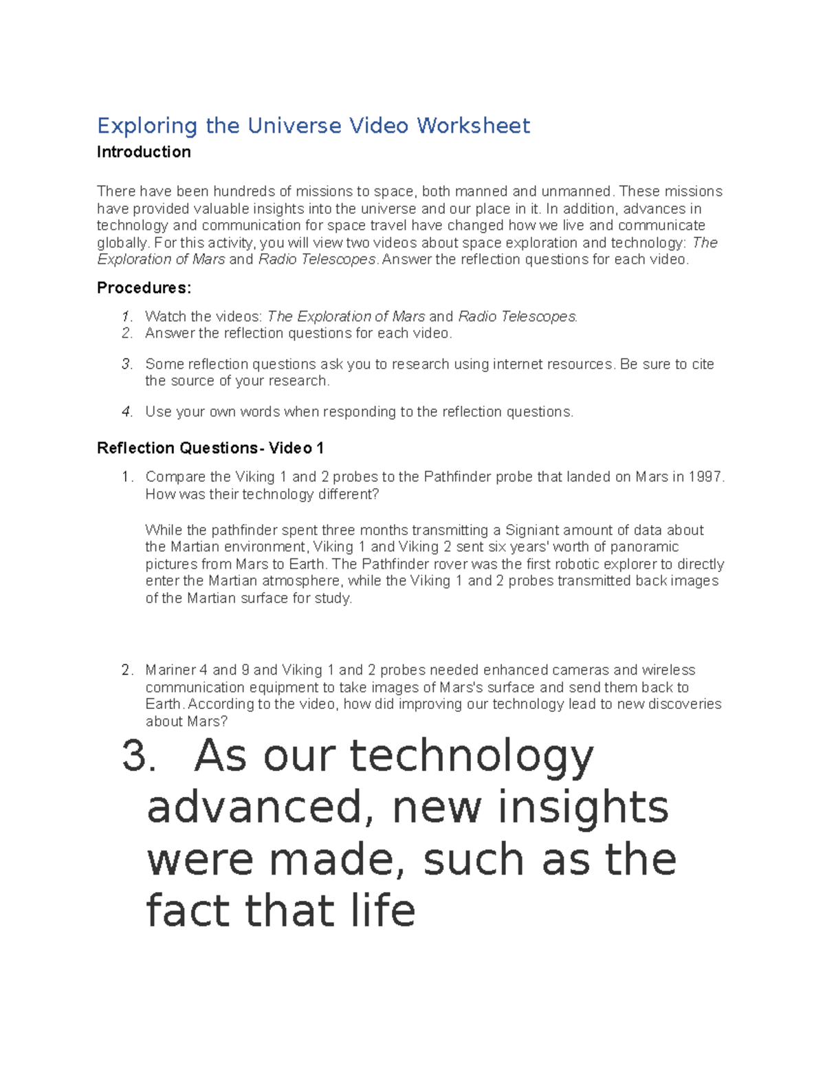 Exploring universe video worksheet - Exploring the Universe Video ...