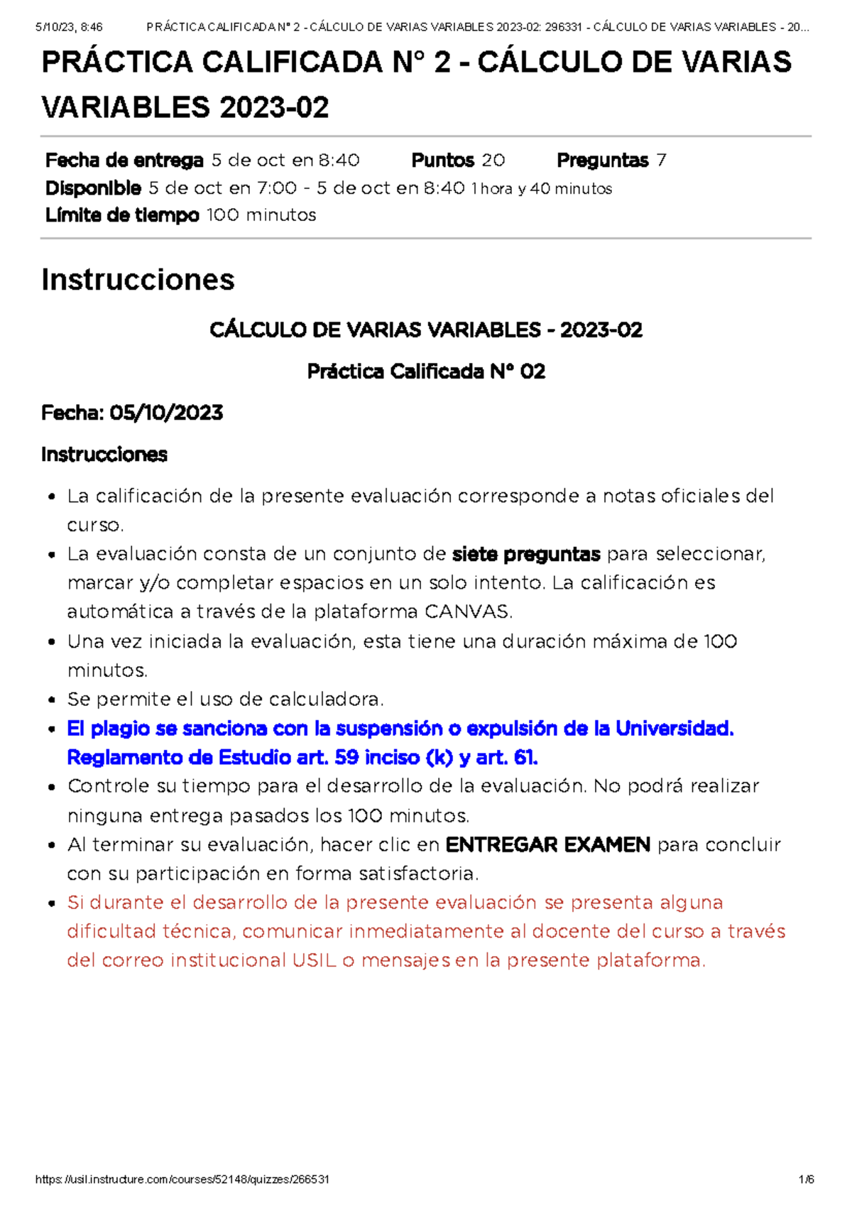 Practica Calificada N 2 - Calculo DE Varias Variables 2023-02 296331 - Calculo DE Varias ...