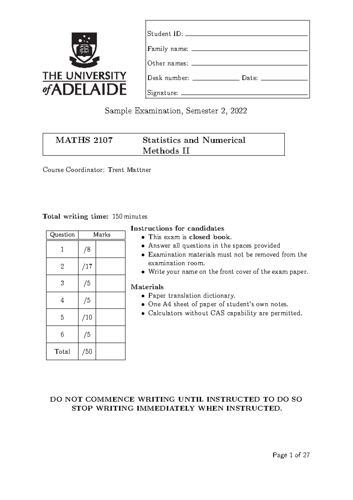 Maths 2107 Stats NMII 2022 S2 sample paper - Student ID: Family name ...