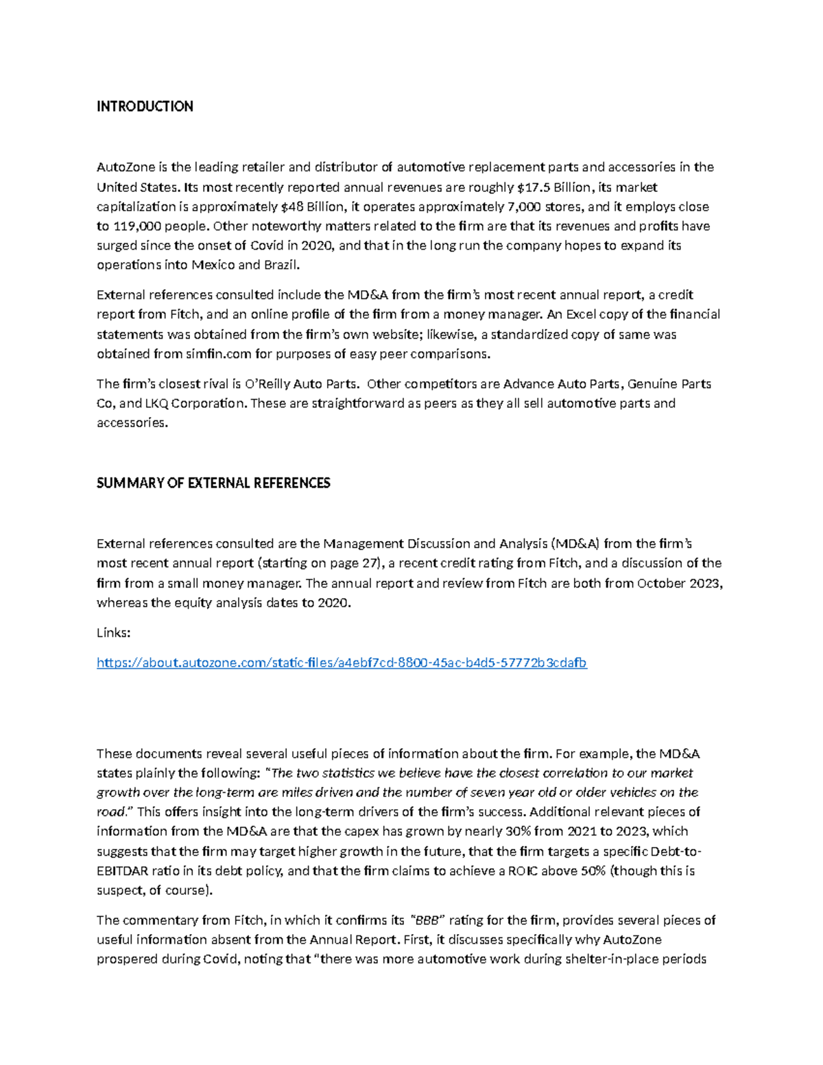 Auto Zone Submission 2 - INTRODUCTION AutoZone is the leading retailer ...