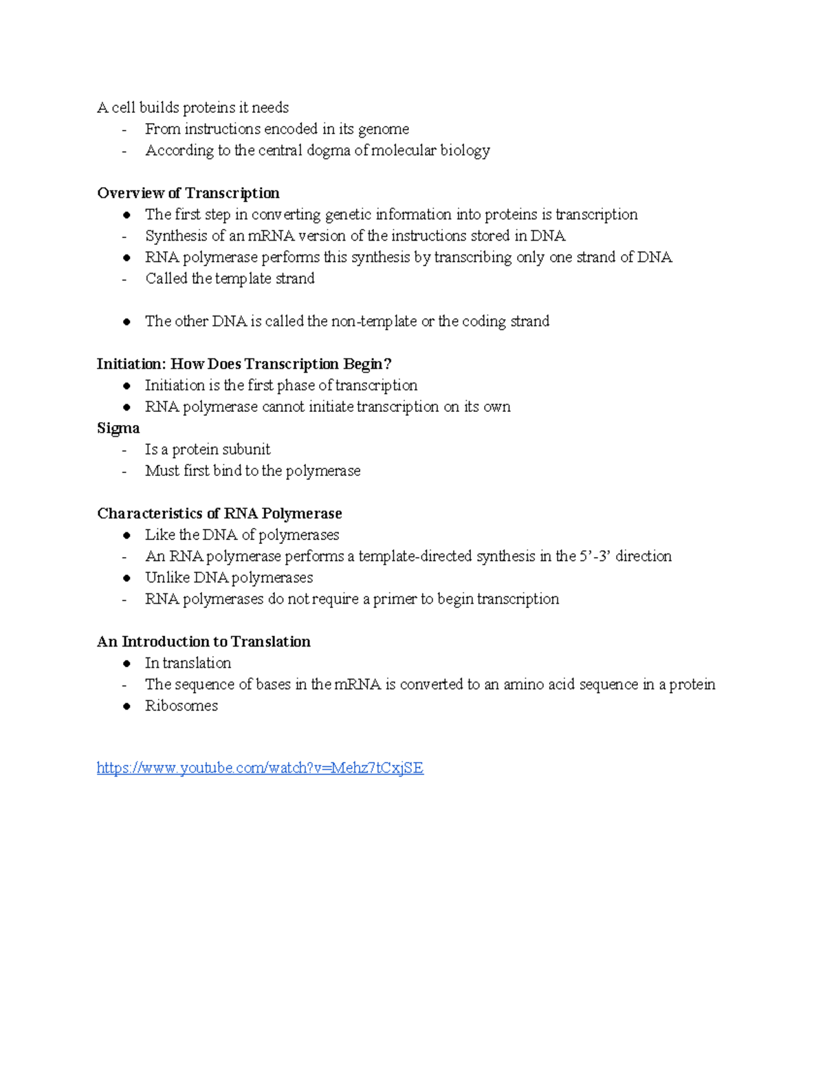 BIO 101/103 Transcription & Translation - A cell builds proteins it ...